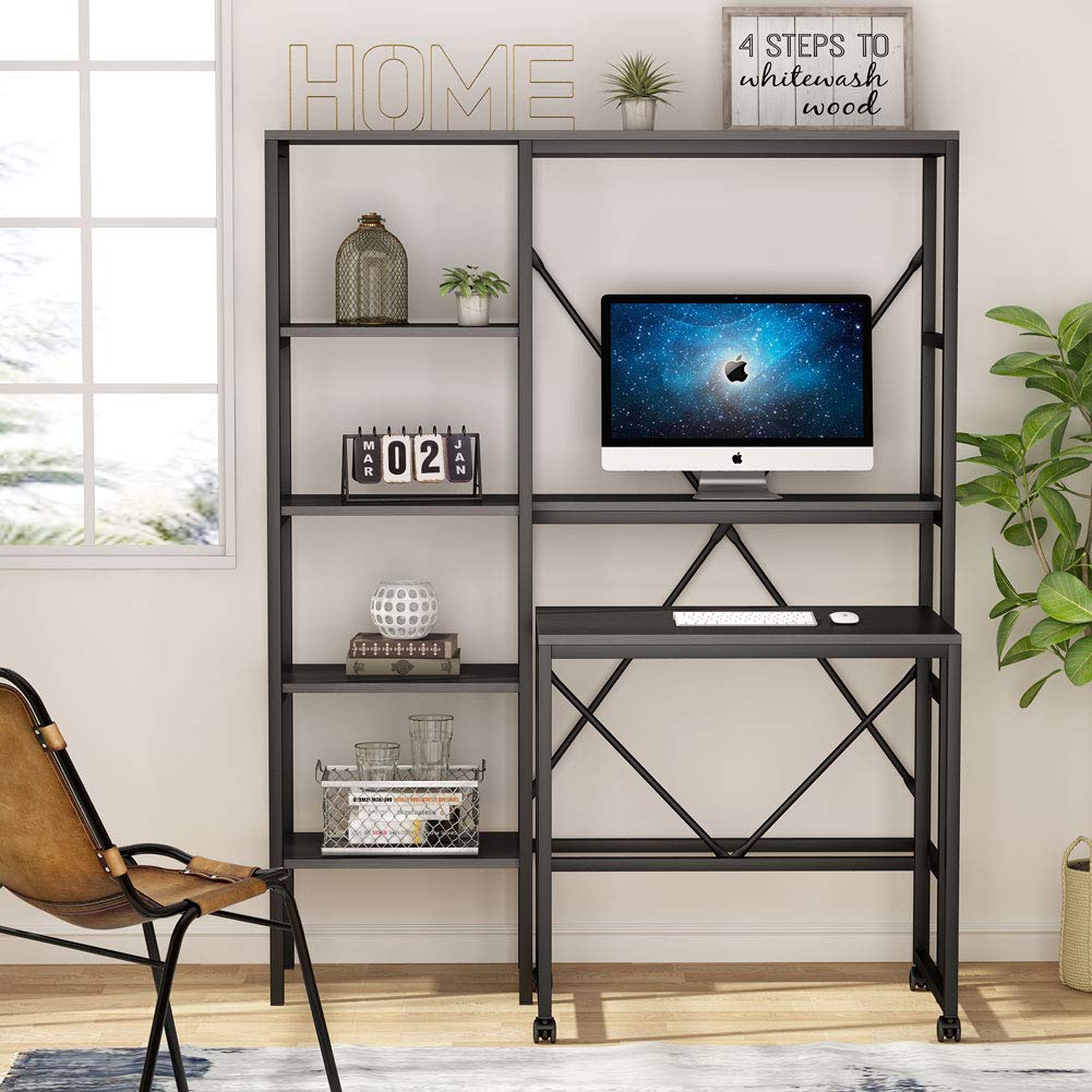 Tribesigns Computer Desk with 5 Storage Shelves and Monitor Stand, Industrial Large Mobile Home Office Desk Study Table Writing Desk Workstation with Hutch and Bookshelf (Black)