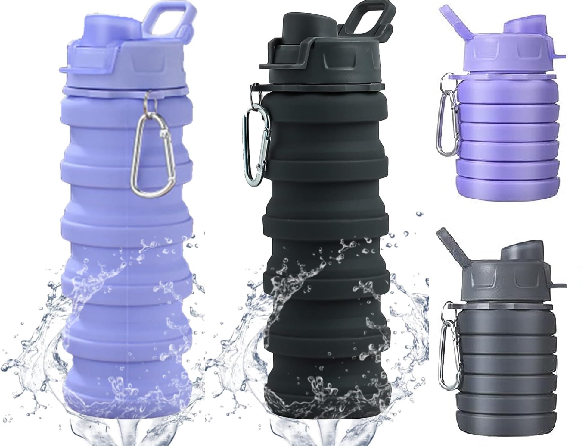 RUEIURI Collapsible Water Bottle, Foldable Cup,500Ml Collapsible Sport Water Bottle Bpa Reusable Travel Water Bottles For Hiking Biking Running Outdoor Gym (Gray(B)+Purple(B))