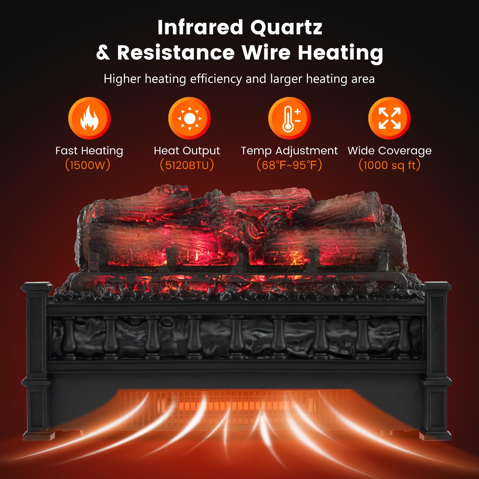 Tangkula 20 Inch Electric Fireplace Log Set Heater with Adjustable Temp, Overheating Protection, Realistic Pinewood Ember Bed, Infrared Quartz Electric Fireplace Insert for Home & Office Decor, 1500W