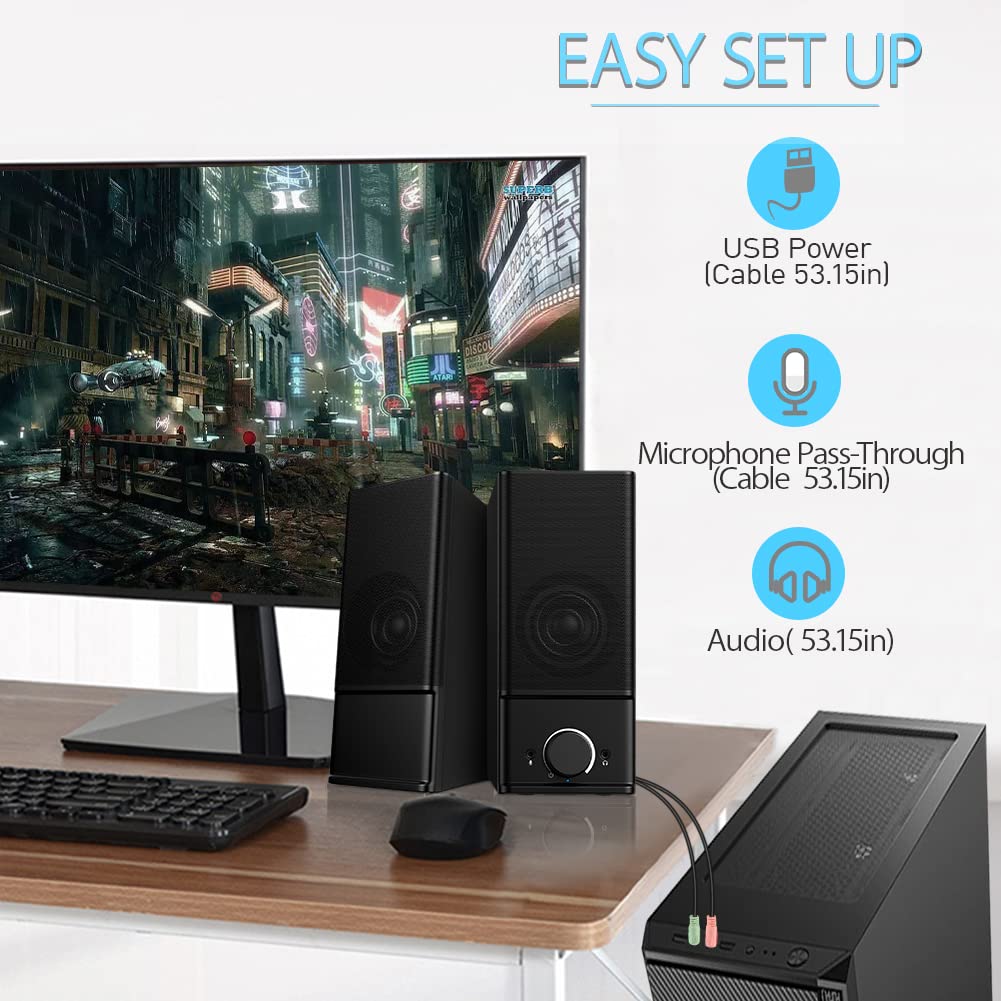 YYV Computer Speakers, Dual 5W USB Desktop Speaker with Volume Control, Headphone and Mic Output, External Speakers for Laptops/Desktops/ (Lavalier Microphone Included)