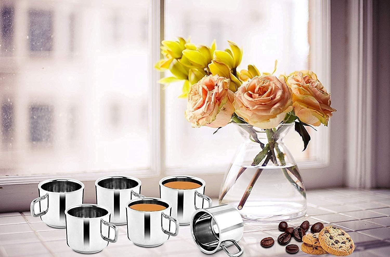 WhopperIndia Coffee Cup Espresso Cup Mug Set of 6 Double Wall Stainless Steel Tea Cups, Reusable & Dishwasher Safe