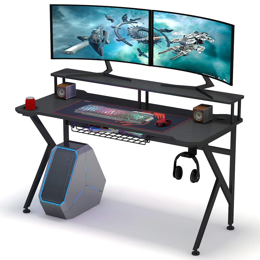 Tribesigns Gaming Desk with Monitor Riser, 55 inches Gamer Computer Desk PC Laptop Gaming Workstation with K Shaped Leg, Under-top Basket, Cup Holder & Headphone Hook for Home Use