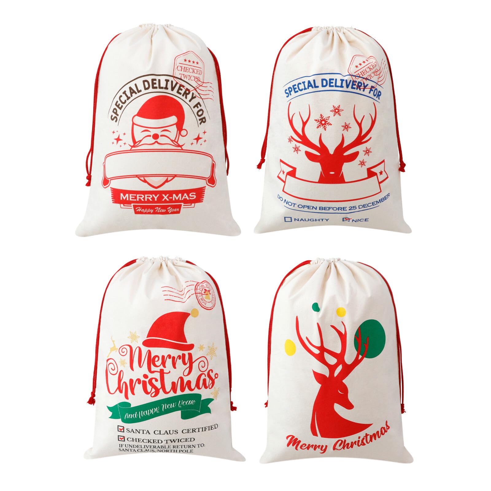 Thmyo 4 Packs Large Christmas Drawstring Gift Bags, Reusable Cloth Drawstring Wrapping Bags, DIY Cotton Santa Sack with Drawstring 27 x 19 Inch for Xmas Presents