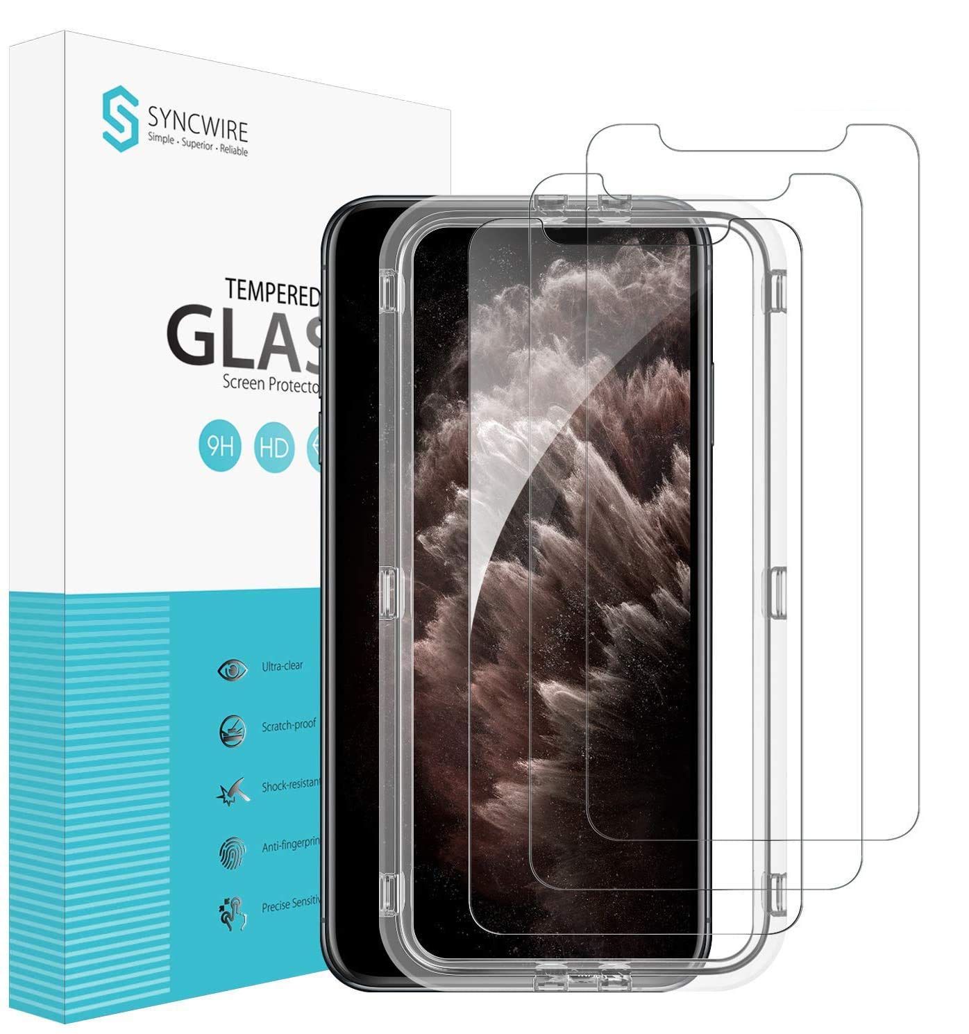 Syncwire iPhone 11 Pro Max/iPhone Xs Max Screen Protector (3-Pack), Anti-Fingerprint Tempered Glass (9H Hardness, 6X Stronger, Installation Frame, Bubble Free) [Not Edge to Edge]