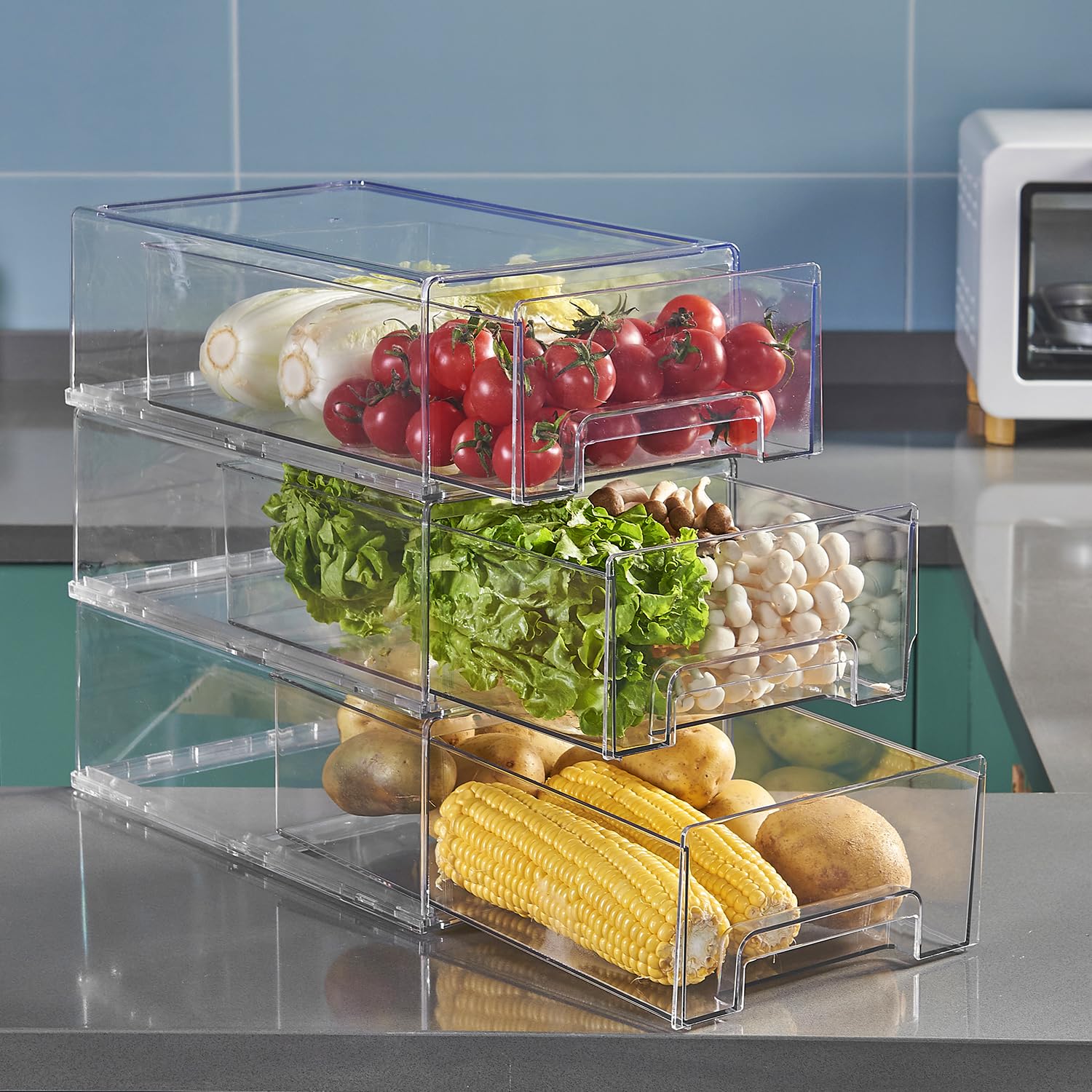 Yatmung 2 Pack | Large - Stackable Fridge Drawers - Clear drawer pull out refrigerator organizer bins - Food, Pantry, Freezer, Plastic kitchen organizing - Fridge organization and storage containers