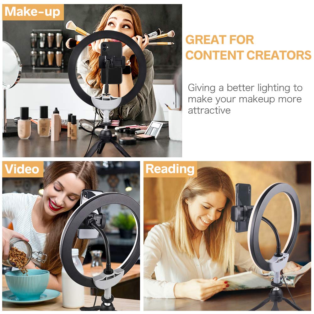 UBeesize 10" LED Ring Light with Tripod Stand & Phone Holder, Dimmable Desk Makeup Ring Light, Perfect for Live Streaming, YouTube Videos, and Photography, 3 Light Modes and 11 Brightness Levels