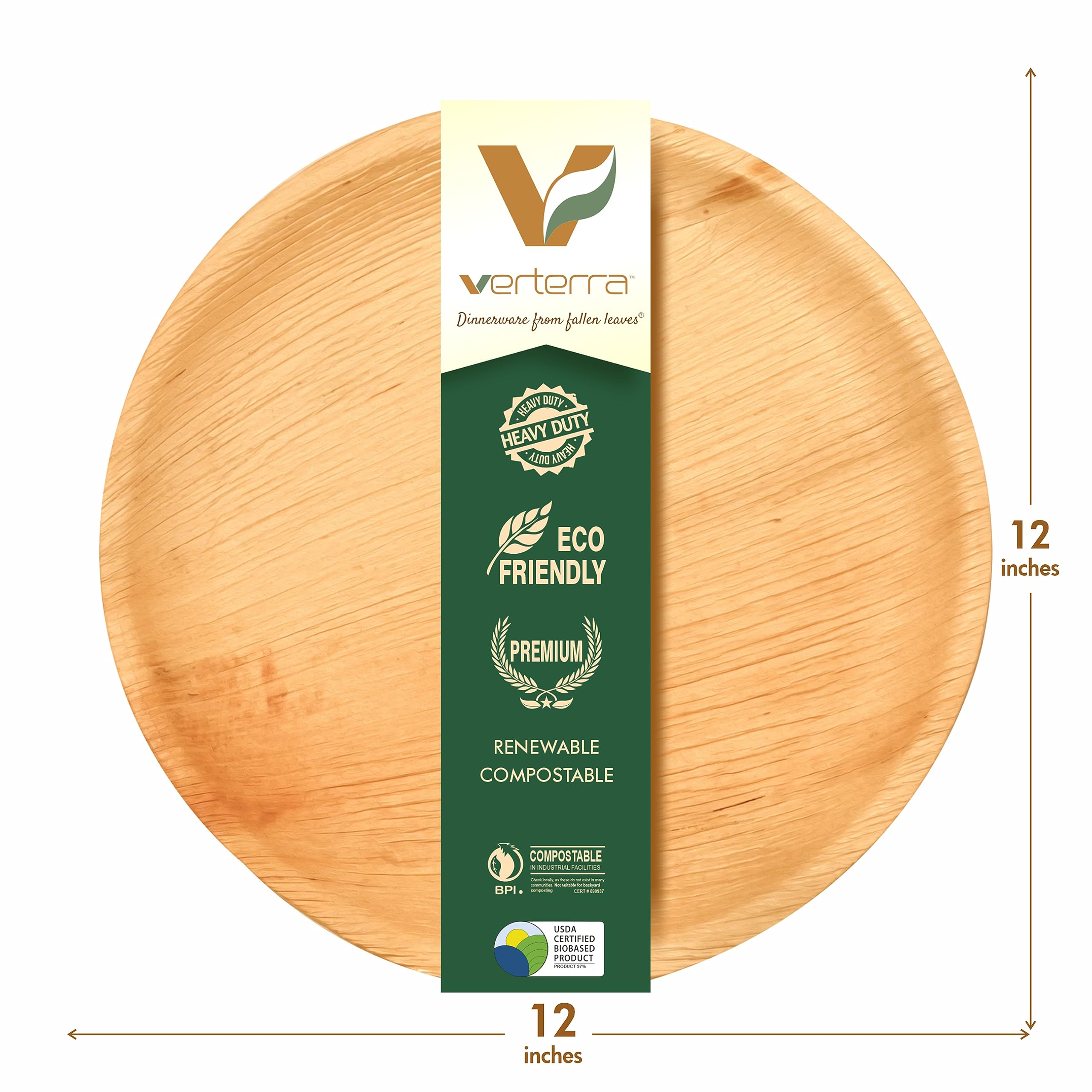 VerTerra 12" Round Large Palm Leaf Plate/Tray/Platter | (25-Pack) - Premium, Heavy Duty, 100% Compostable, Eco-Friendly, Microwave & Oven Safe, Dinnerware Like Bamboo for Wedding, Events, Party