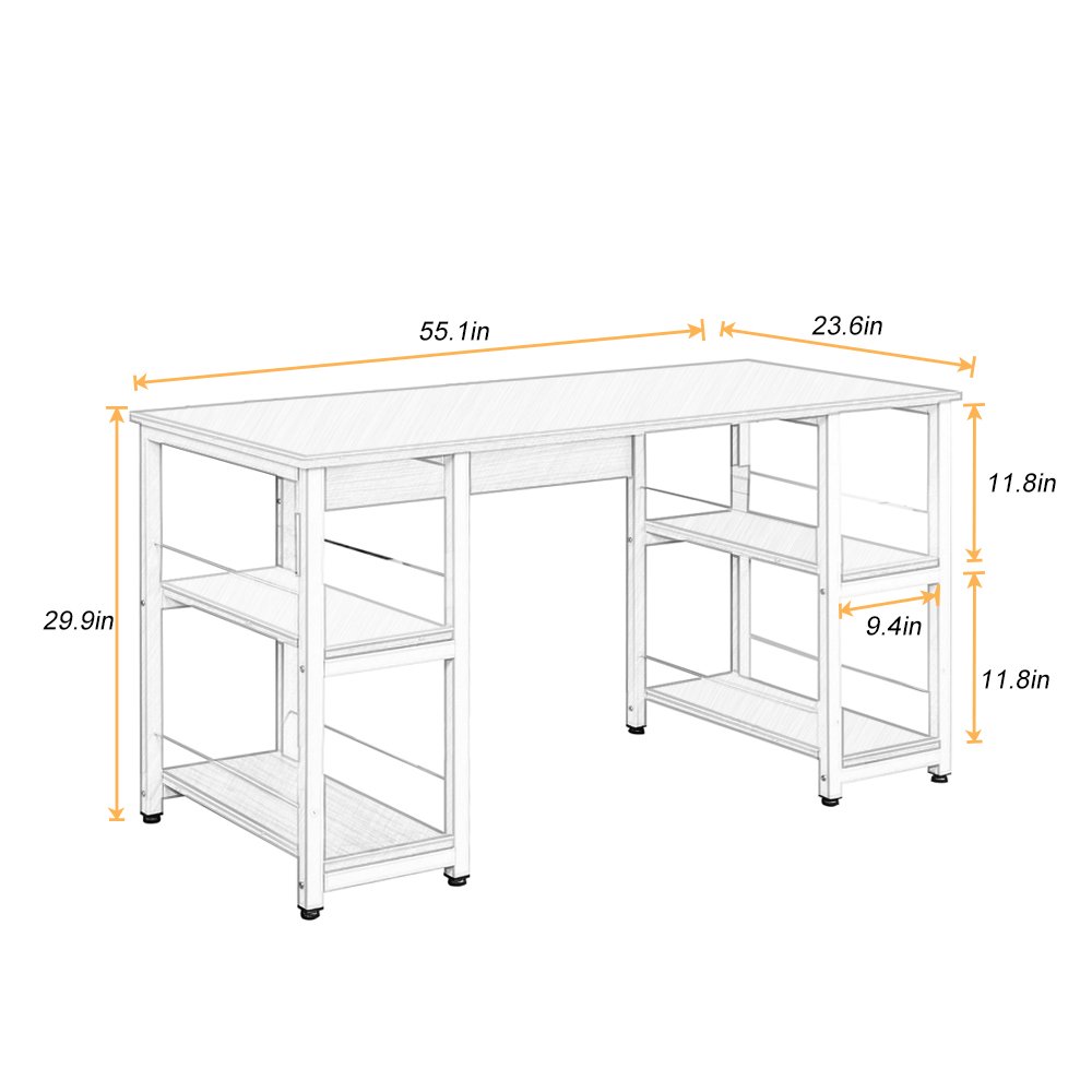 SogesGame Computer Home Office Desk, 55 Inch Study Writing Table with Storage Shelves, Modern Simple Style PC Desk, Black