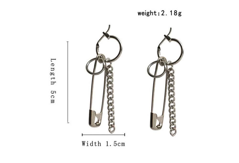 Safety Pin Chain Tassels Dangle Earrings Punk Silver Pin Dangle Earring with Hoop Jewelry for Men and Women (Silver)