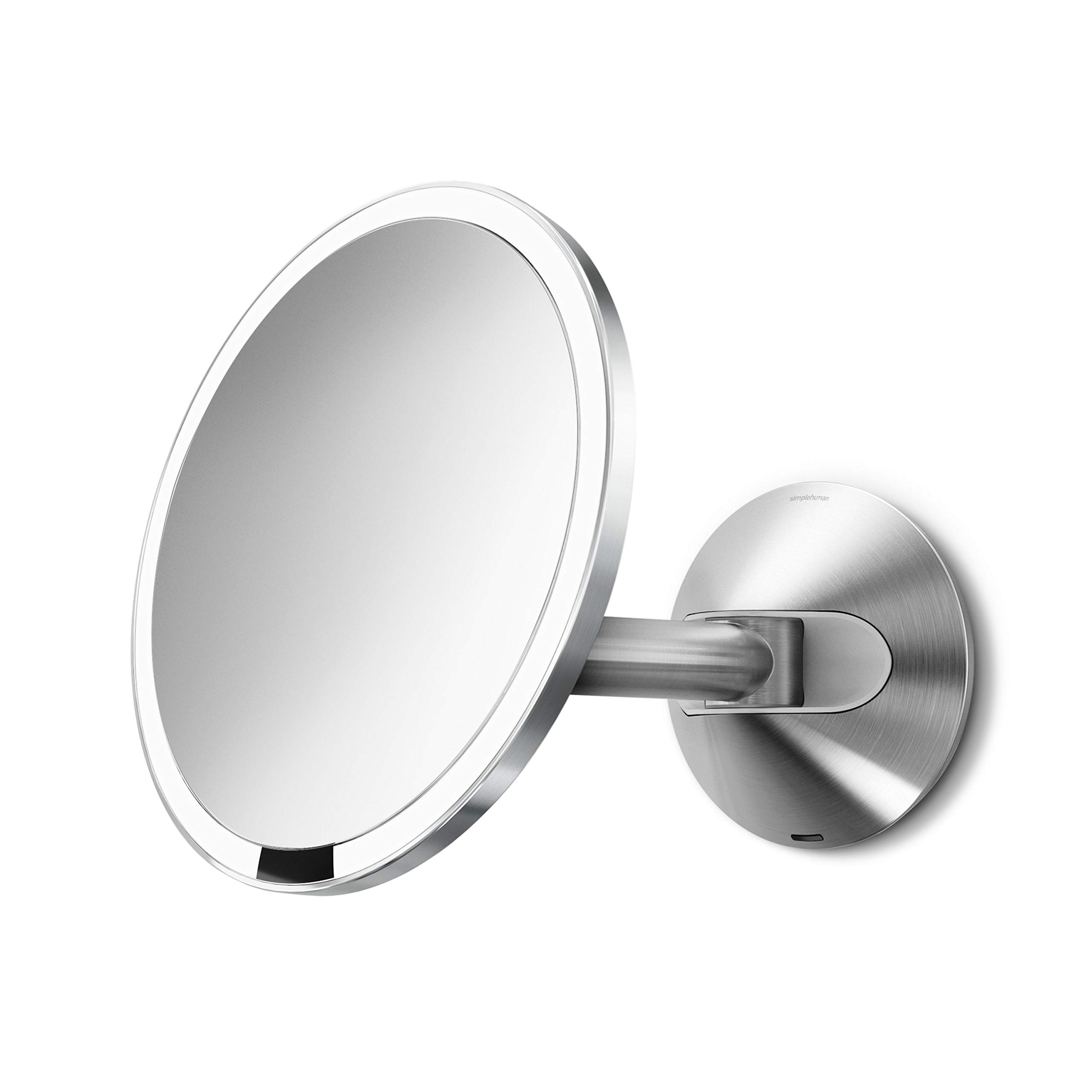 simplehuman ST3002 20cm Wall Mount Rechargeable Sensor Mirror, Light Up Bathroom Makeup Magnifying Mirror, 5x Magnification, Telescopic Swing Arm, LED Tru-Lux Light System, Brushed Stainless Steel