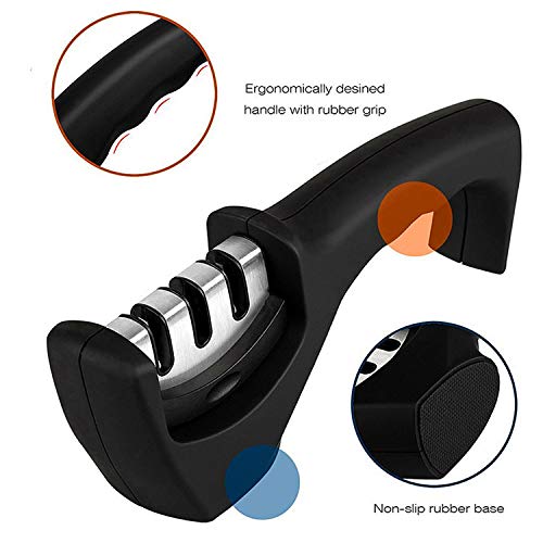 Smart Sharp Knife Sharpener - Professional 3 Stage Manual Sharpener for Sharpening Kitchen Knives - Ceramic Stone, Tungsten Carbide Plates, Diamond rods. Ergonomic Design, Black/Chrome Finish