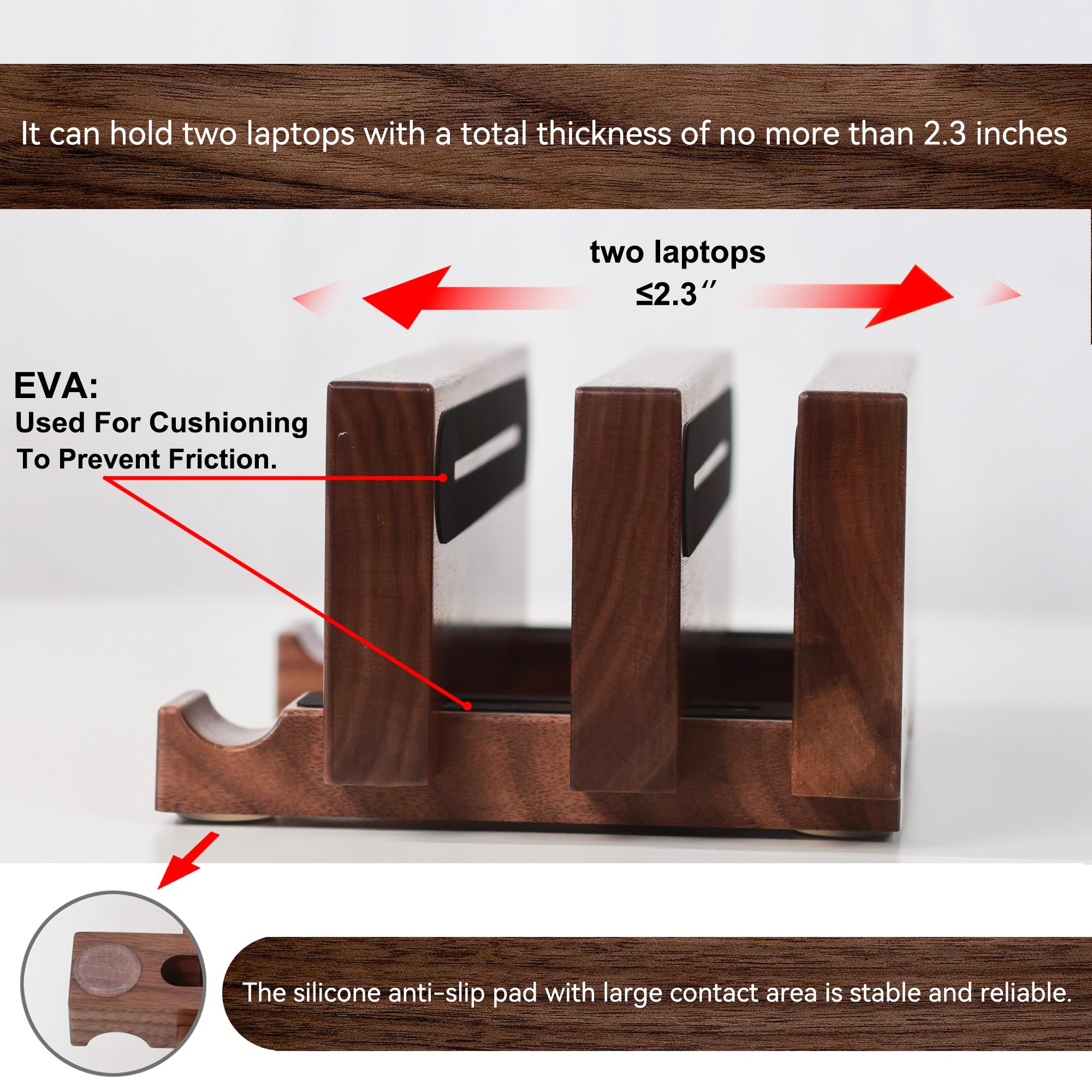 Vertical Laptop Stand for Desk,Resizable Wooden Laptop Holder,Suitable for laptops of various thicknesses and sizes.laptop holder vertical.It can accommodate at least 3 devices . (black walnut)