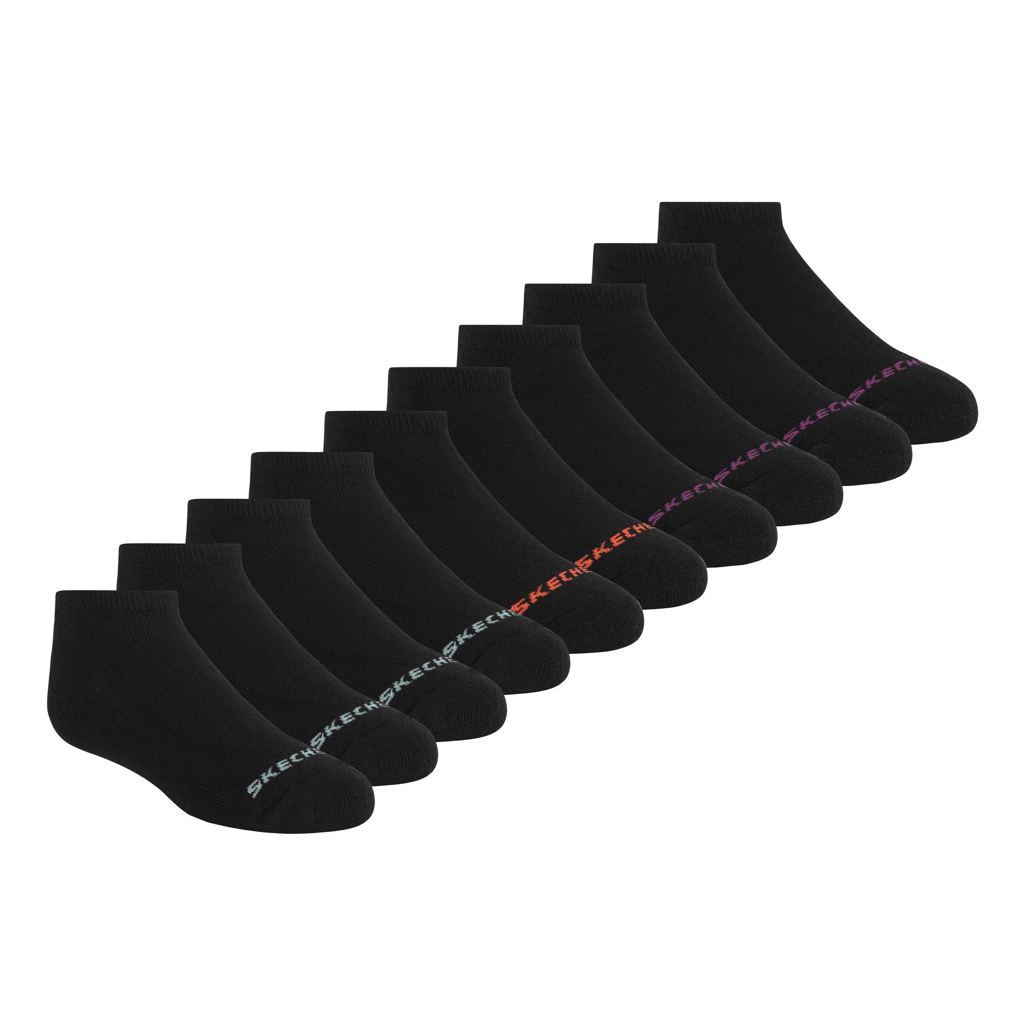 Skechers Kids Girls' Little 10 Pack No Show Socks, Black/Multi, 9-11
