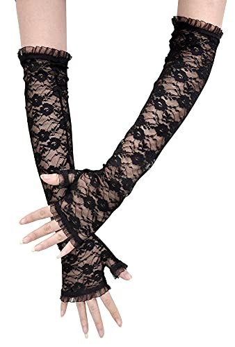 Simplicity Evening Party Wedding Fingerless Elbow Flowers Lace Gloves, Black Floral_Fingerless