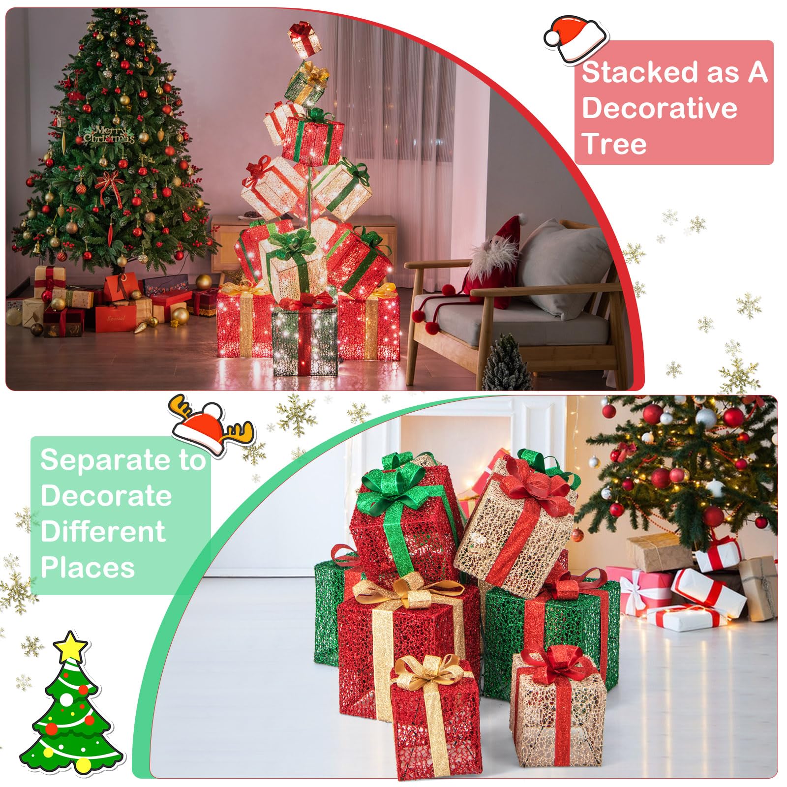Tangkula 5.6 FT Lighted Box Tower, 15 Stacked Pre-lit Boxes with 450 Warm White Lights, Metal Base, Ribbons & Bows, Light up Gift Box Decorations for Indoor Outdoor