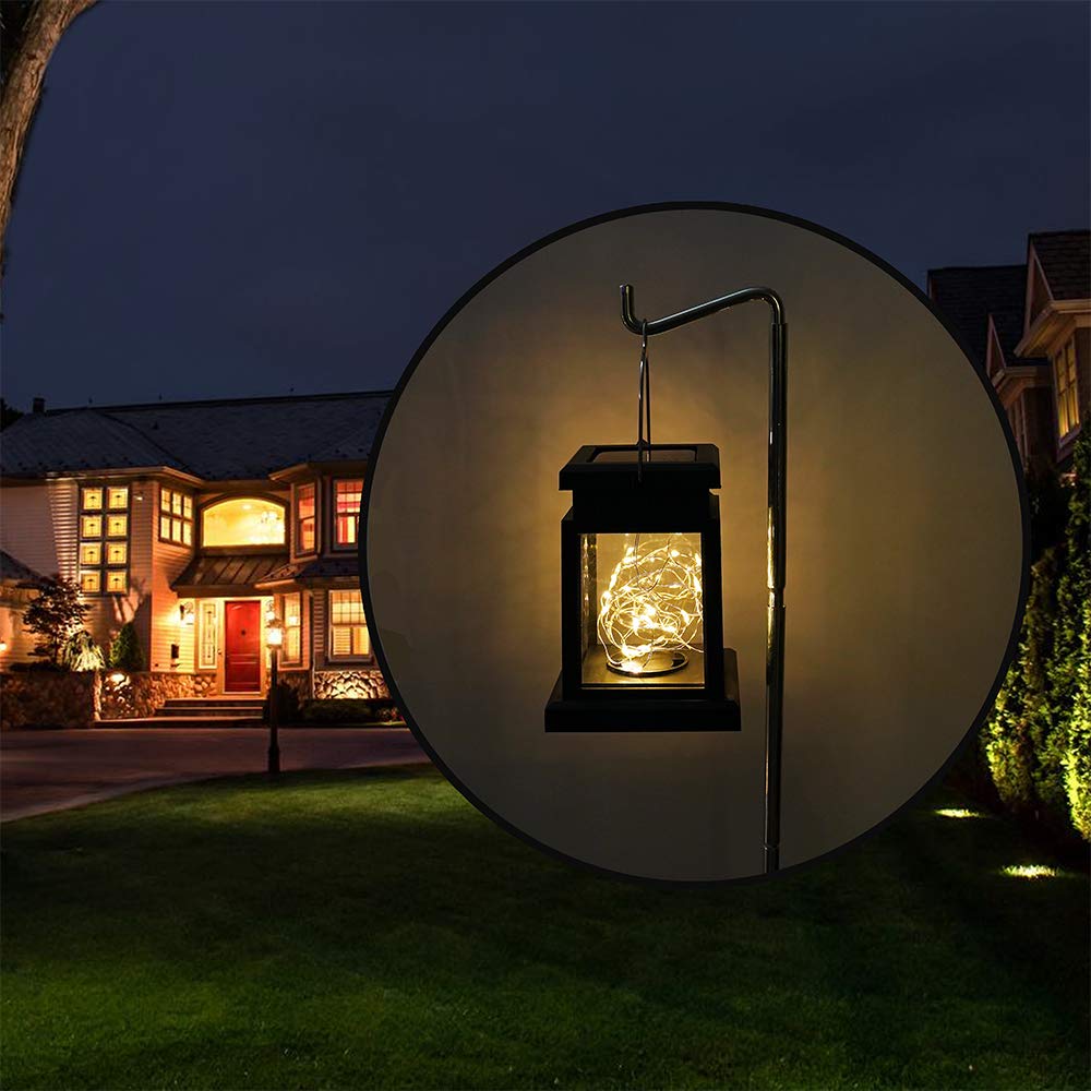 Solar Hanging Lanterns with Shepherd Hook, 2 Pack Decorative Outdoor Garden Hanging Light, IP44 Waterproof Copper Wire Lamp for Garden, Lawn, Yard, Path, Entrance Decoration (Copper Wire)