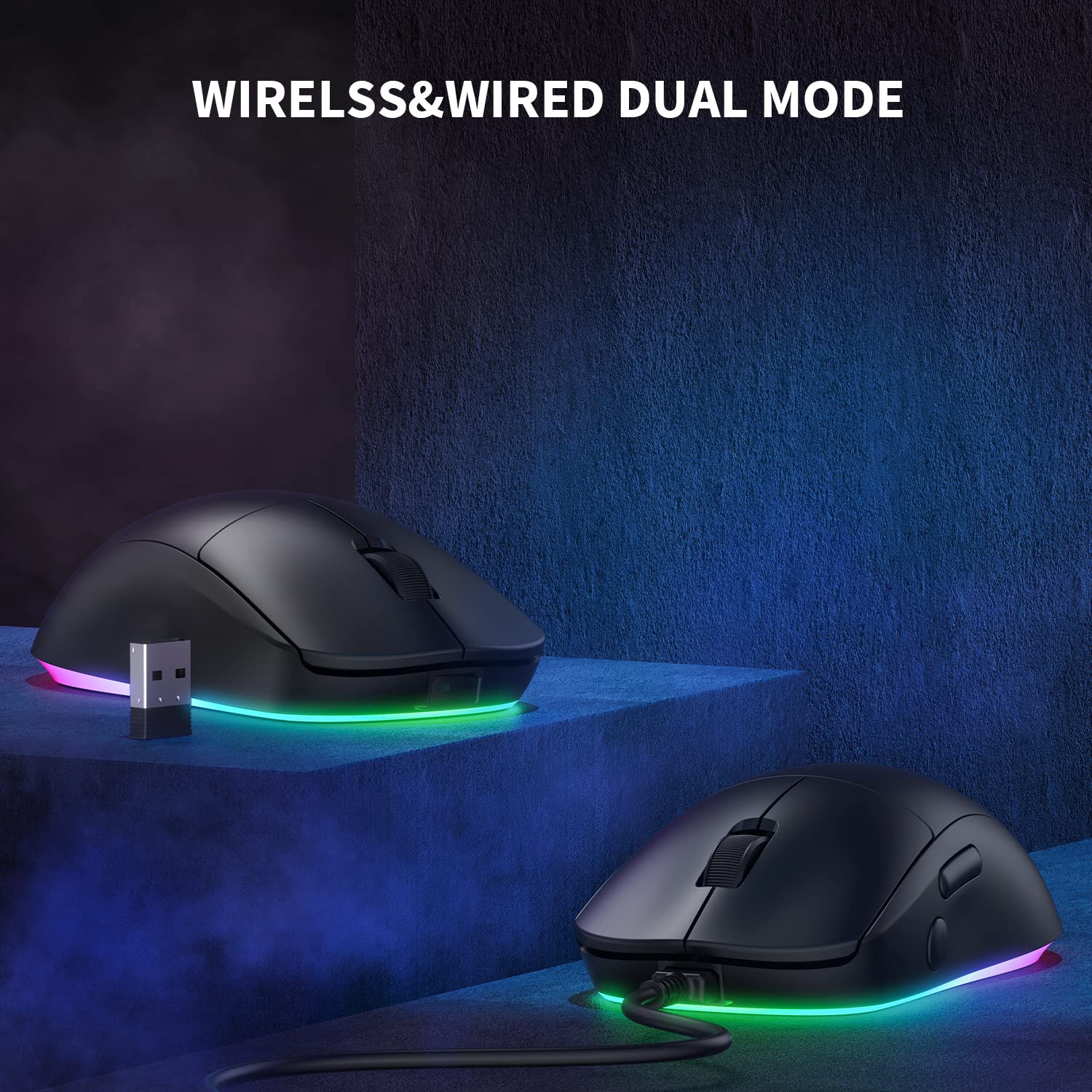 Wireless/Wired Gaming Mouse, Rechargeable RGB Gaming Mice with 7 Backlit Modes, 7 Adjustable DPI up to 10000 for Windows PC Gamers