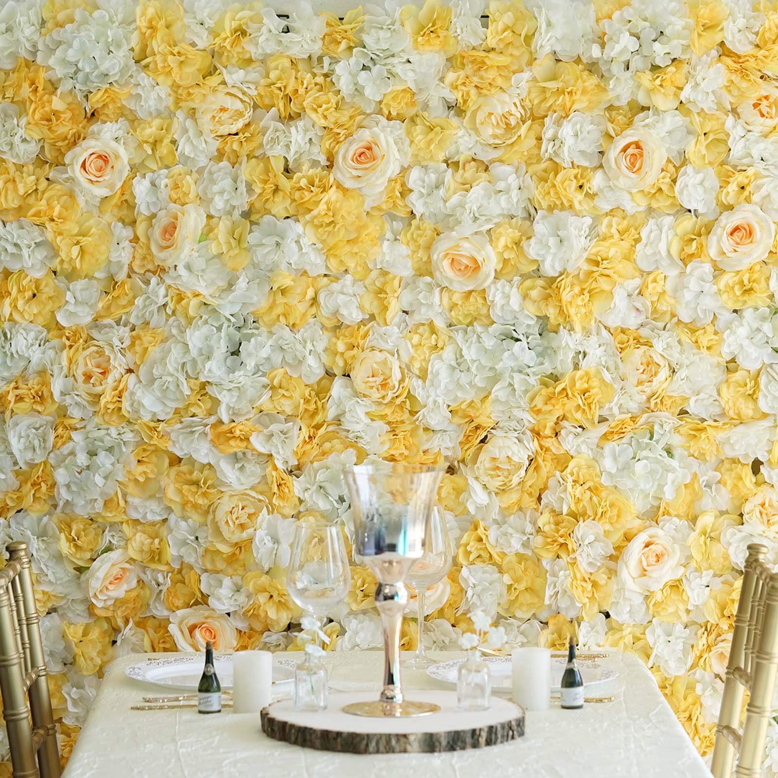 Tableclothsfactory 13 Sq ft. | 4 Panels UV Protected Lifelike Assorted Silk Flower Wall Mats Panel Photo Booth Garden - White | Champagne