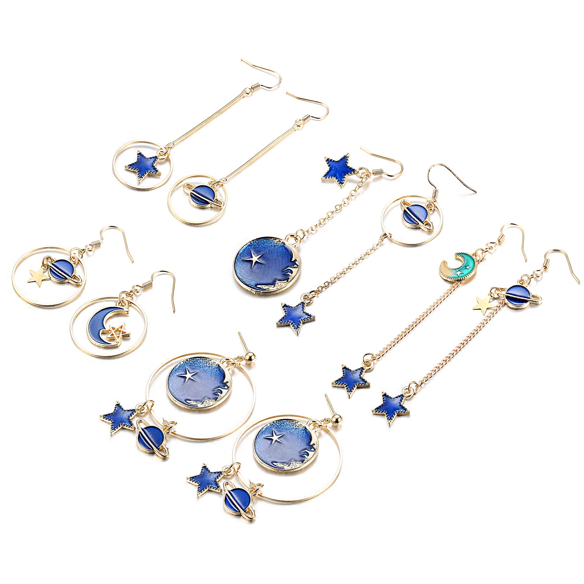 SAILIMUE 5 Pairs Enamel Moon Star Earth Planet Earrings Set Asymmetric Long Pendant Hook Dangle Stud Earrings for Women