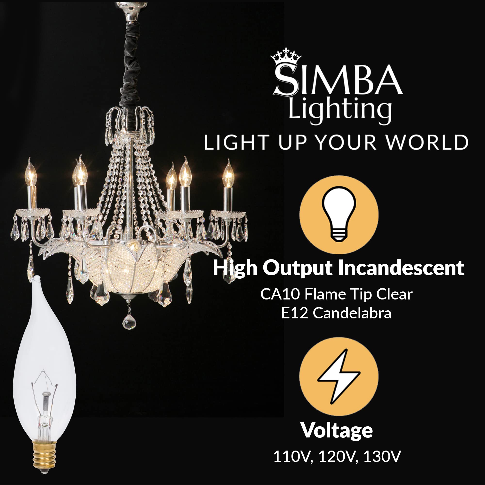 Simba Lighting Candelabra Flame Tip Clear CA10 60W E12 Base (12 Pack) Decorative Incandescent Light Bulbs 120V for Chandeliers, Ceiling Fan Lights, Pendants, Wall Sconces, Dimmable, Warm White 2700K
