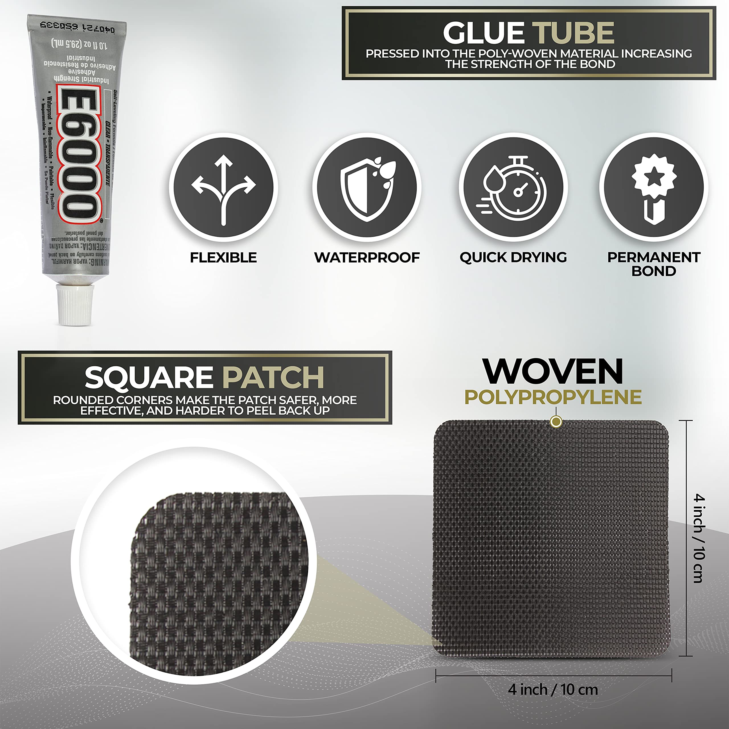 Trampoline Repair Patch Kit 4 x 4 Square Patches for Repairing Holes or tears in a Trampoline Mat (Square)
