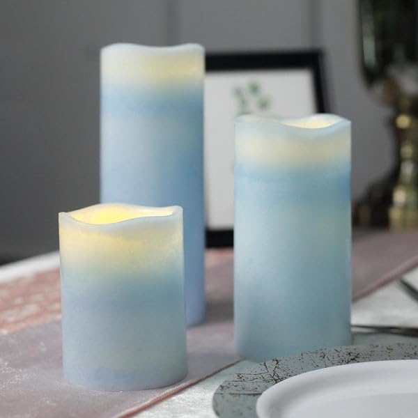 Tableclothsfactory Set of 3 Blue Flameless Candles Battery Operated LED Pillar Candle Lights with Remote Timer - 4" / 6β / 8β