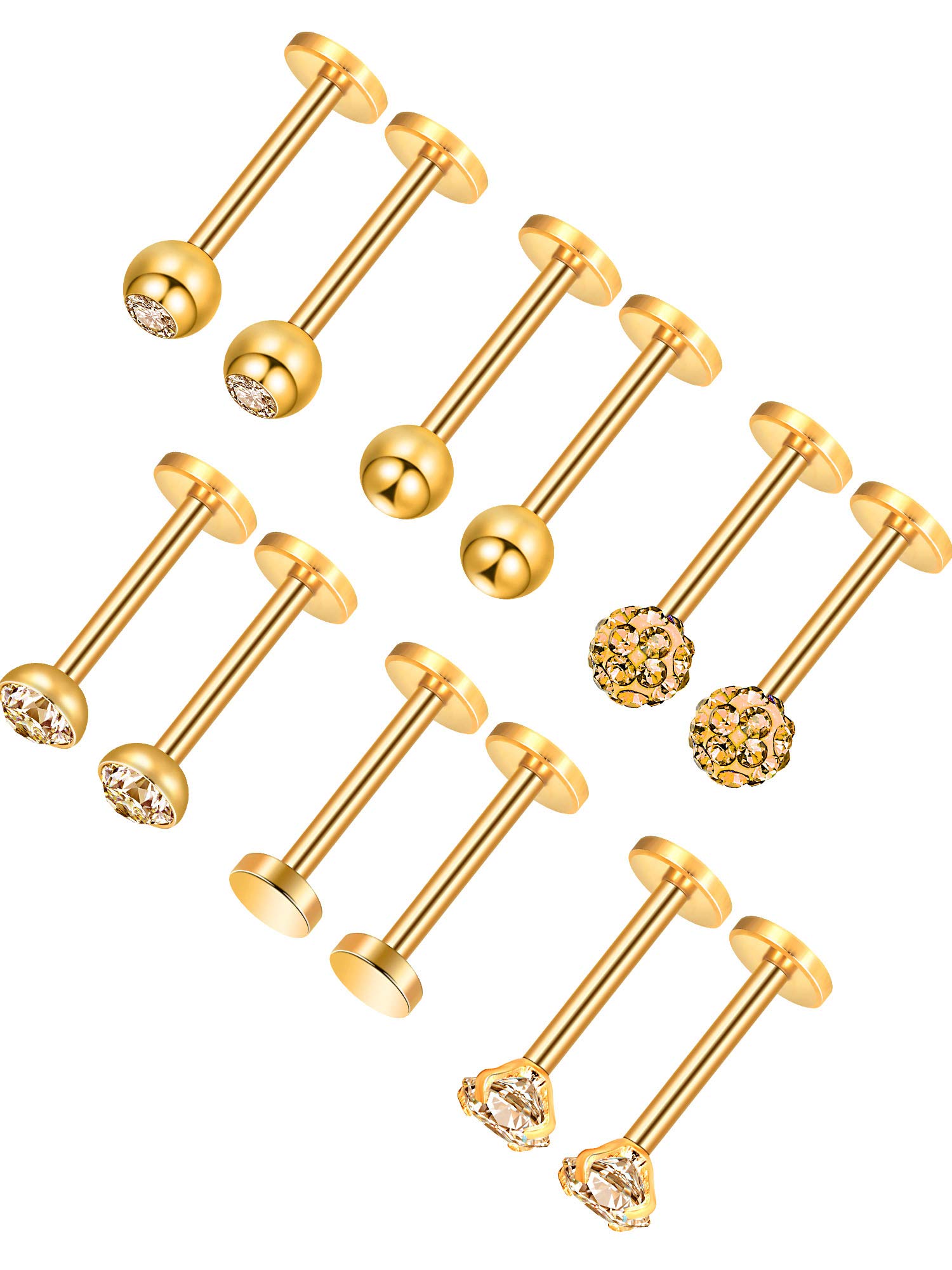 Sumind Nose Studs 16G tragus piercing jewelry Tragus Earrings Lip Rings Diamond Crystal Stainless Steel Labret Bars Body Piercing Jewelry, 6 Designs(Gold)