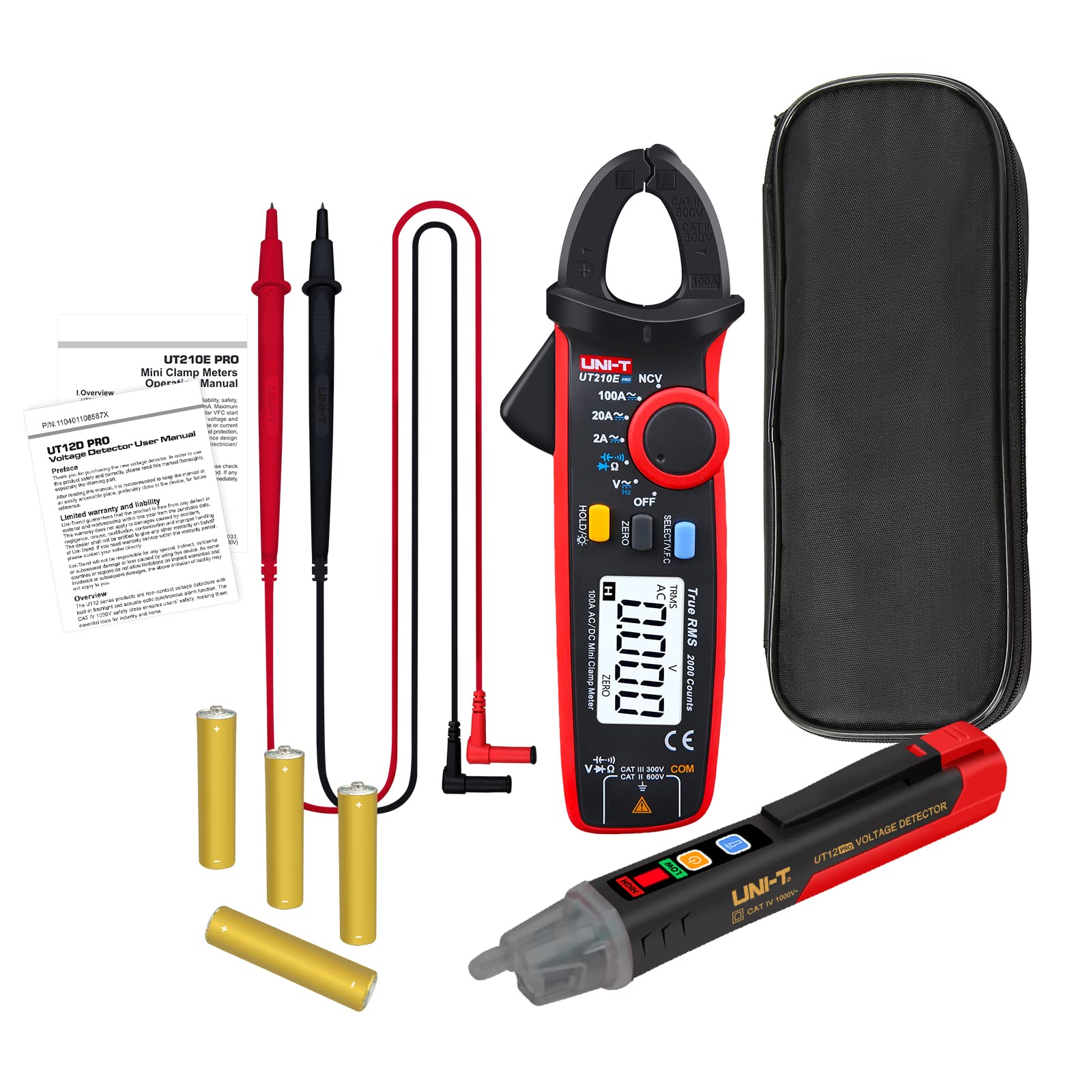 UNI-T Electrical Test Maintenance Kit, UT210e Pro Clamp Meter, UT12Pro AC Voltage Tester Pen, Test Leads, Pouch, AC/DC Current Volt Ohm Capacitance Frequency Diode NCV Live/Null Wire Judgment