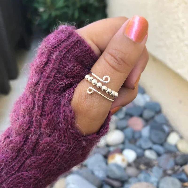 To My Daughter Fidget Rings ,Drive Away Your Anxiety Circle Beads Spinner Ring Adjustable Open Double Layer Ring Jewelry Gift for Mother Daughter (Silver)