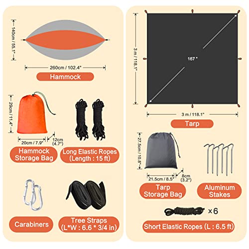 Sotech Camping Hammock with Bug Net and Rainfly, Waterproof Tree Hammock Tent 2 Person, Portable Hammock Set with Tree Straps for Indoor, Outdoor Hiking, Travel, Backpacking, Max Load 660lbs, Orange