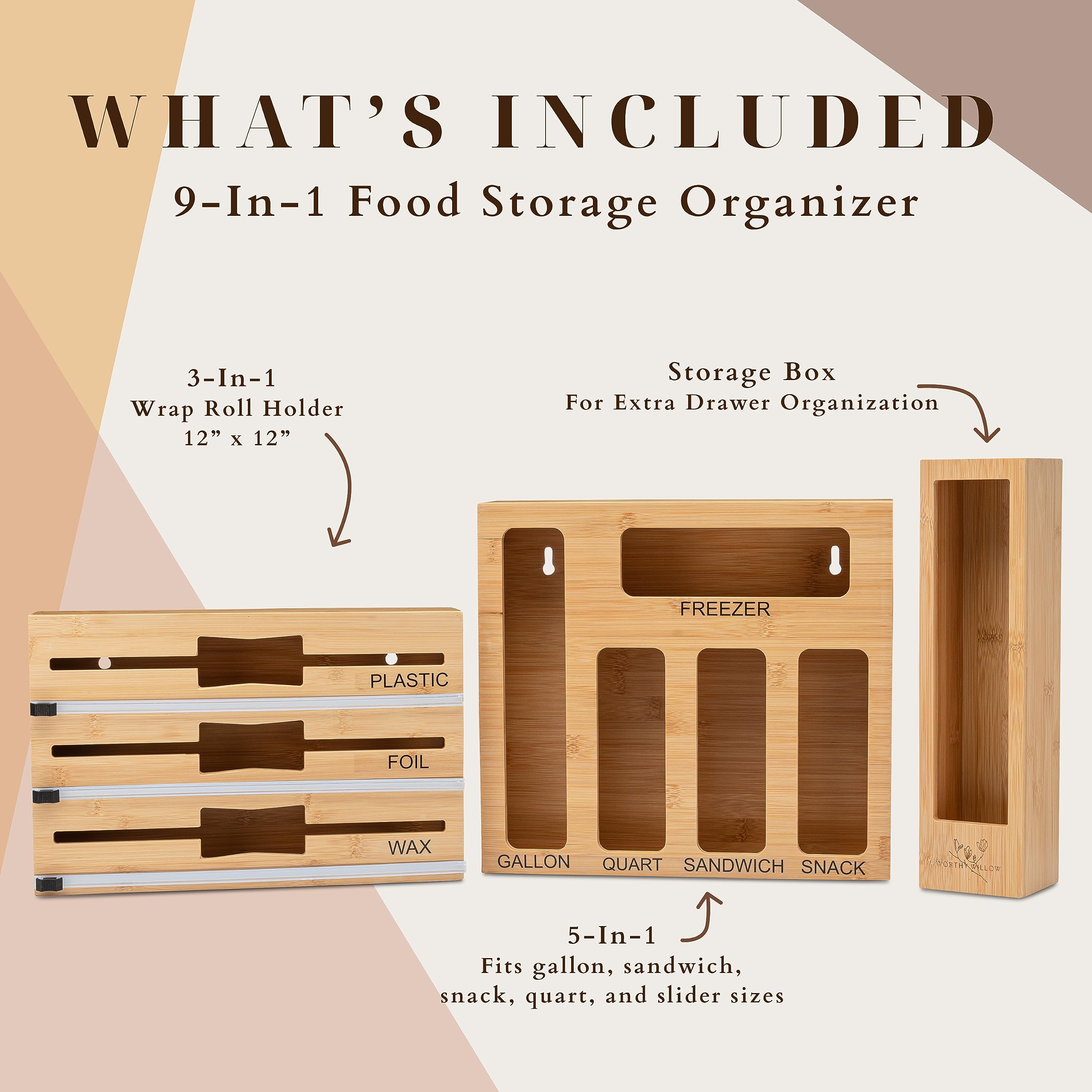Worthy Willow Bamboo 9 in 1 Ziplock Bag, Aluminum Foil, and Plastic Wrap Organizer [IMPROVED DESIGN!]