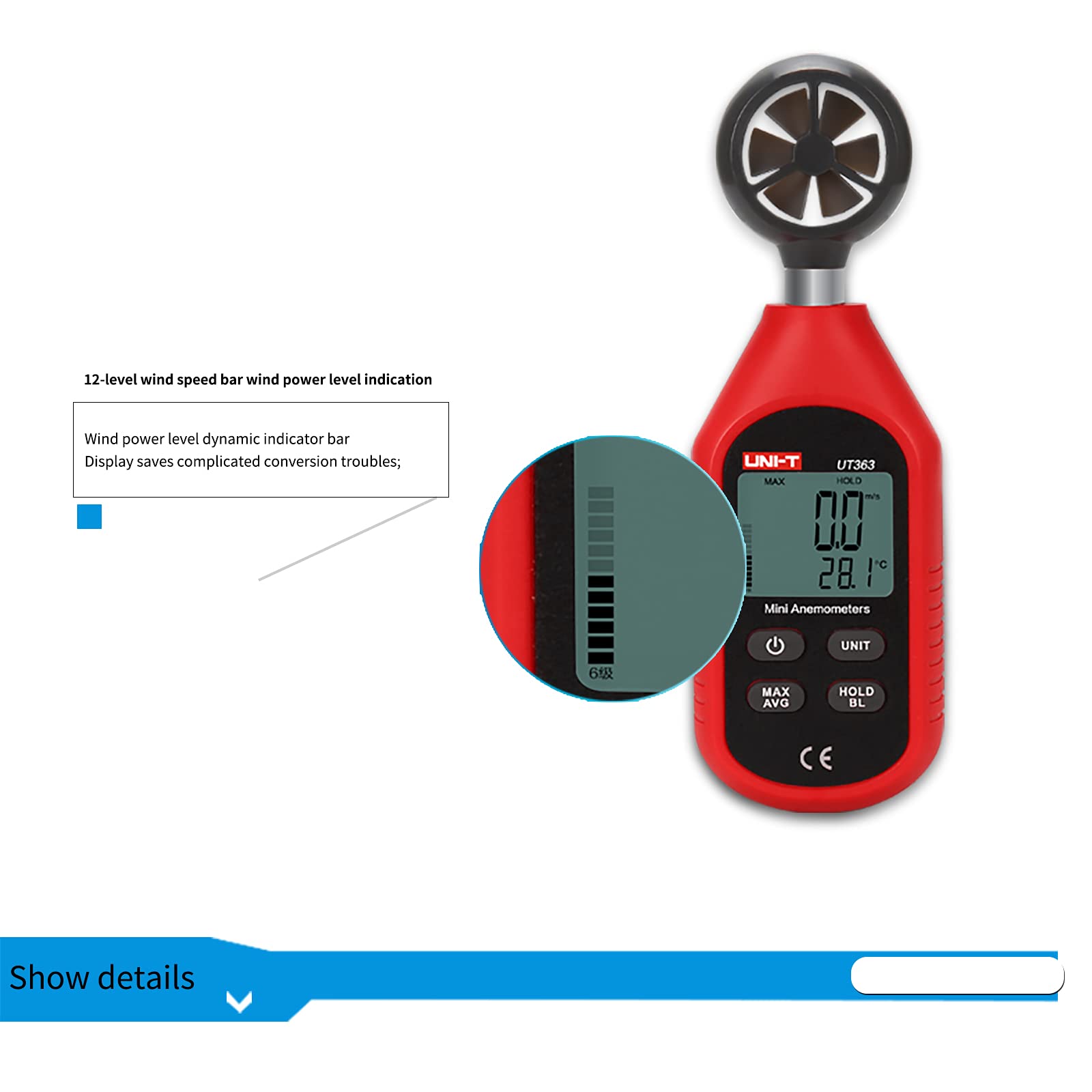 UNI-T Handheld Mini Digital Anemometer,Wind Speed Meter with Thermometer and Max/Min, for Weather Data Collection and Outdoors Sports Windsurfing Sailing with Backlight LCD Display (UT363)