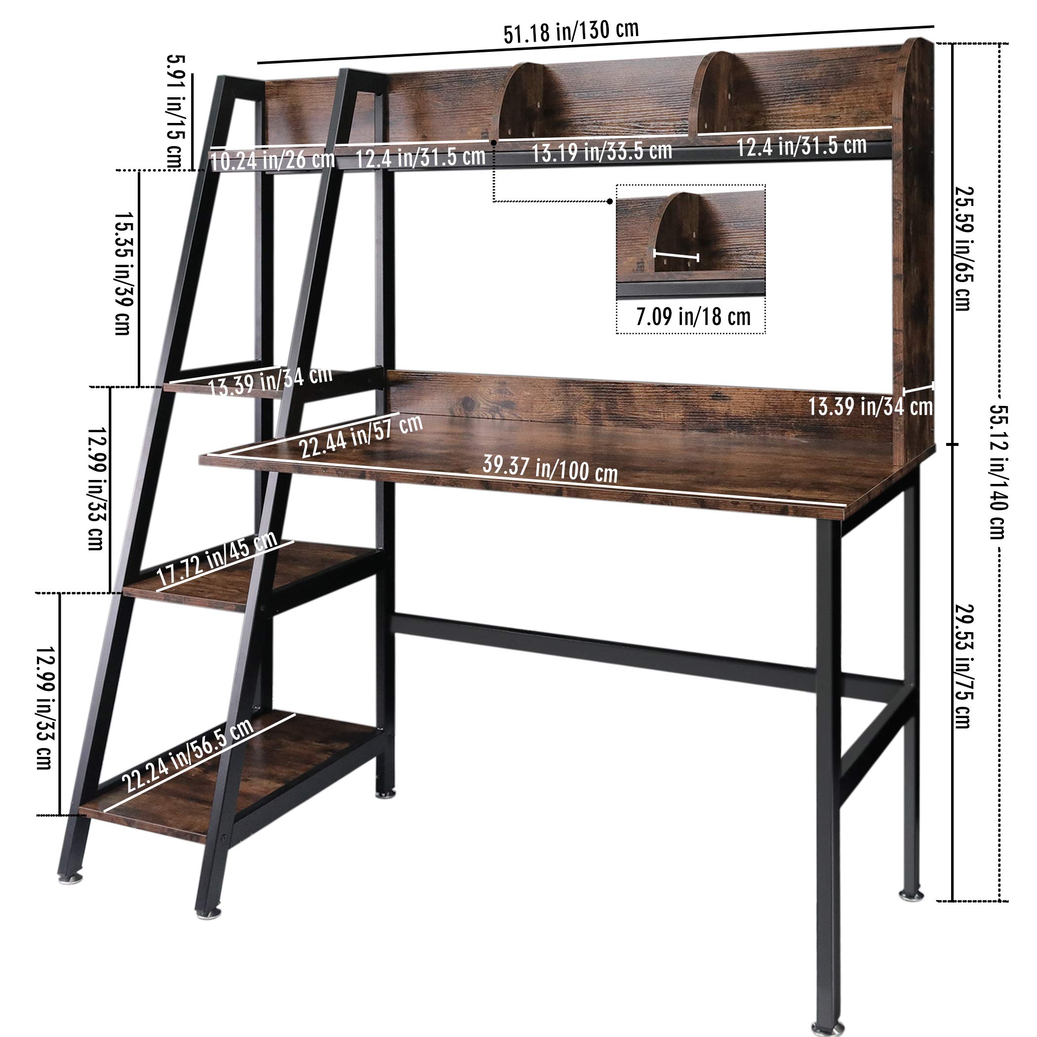 Tektalk Computer Desk with 4 Ladder Shelf Top Shelf Bookshelf Workstation Steel Frame Retro Writing Desk Study Laptop Table for Home&Office β Rustic Brown