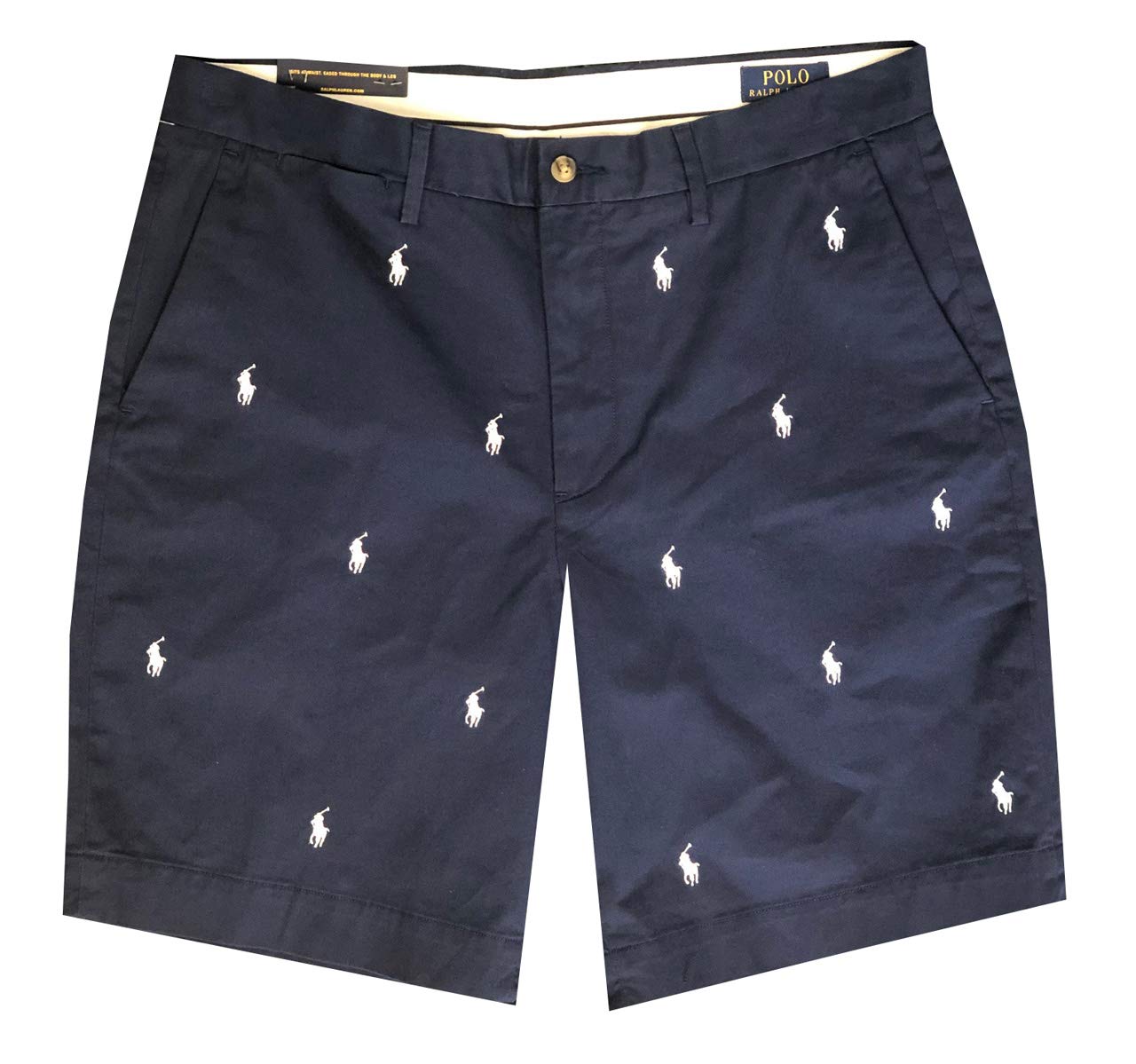 Polo Ralph Lauren Mens Stretch Classic Fit Flat-Front 9" Pony Logo Chino Shorts (33, Navy/White Pony)