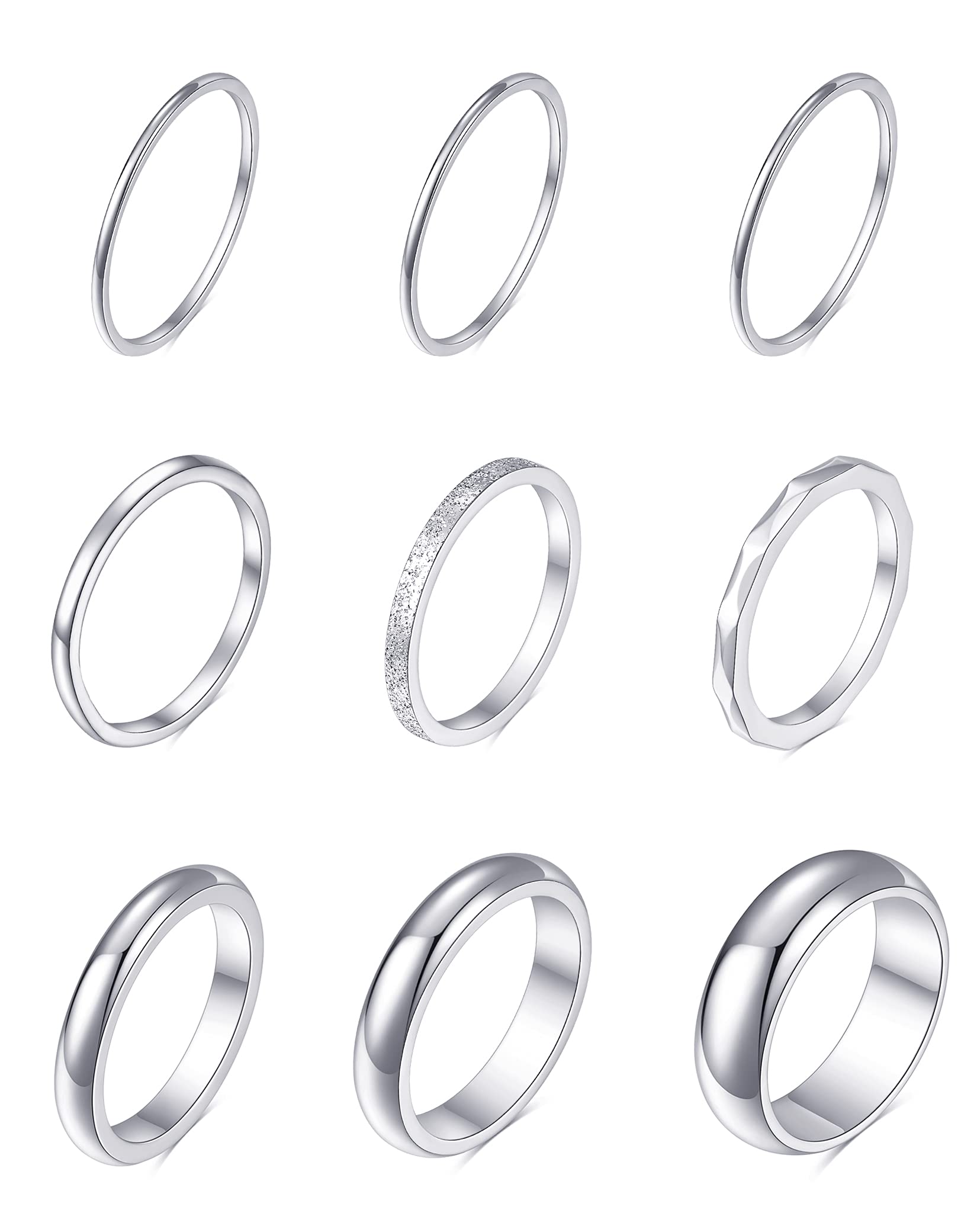 Tornito 9Pcs Stackable Eternity Ring Stainless Steel Band Knuckle Engagement Wedding Ring Size 7 for Women Silver Tone