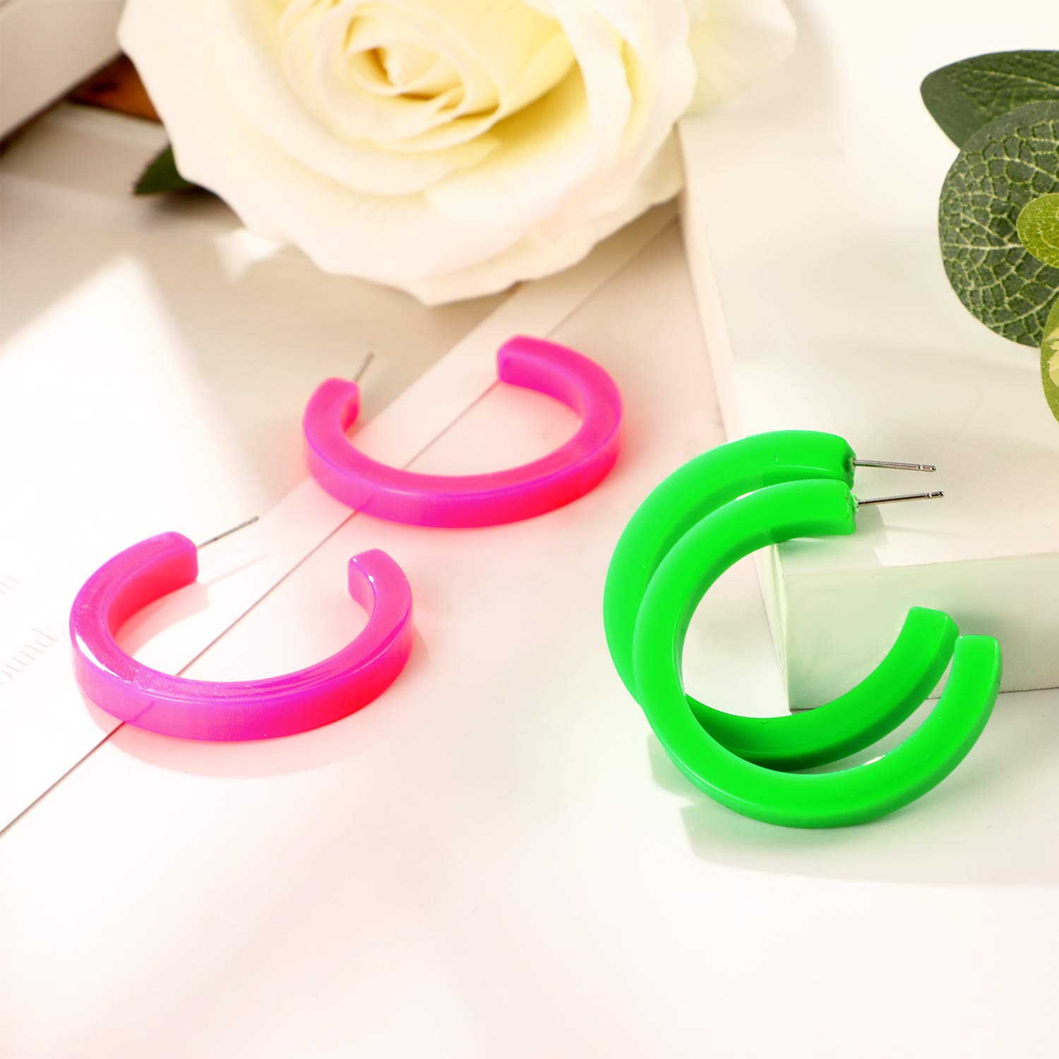 Skylety 4 Pairs 80s Neon Earrings for Women 90s Retro Hoop Drop Dangle Earrings for 80's Party Cosplay Costume Accessories(Half Hoop Style)