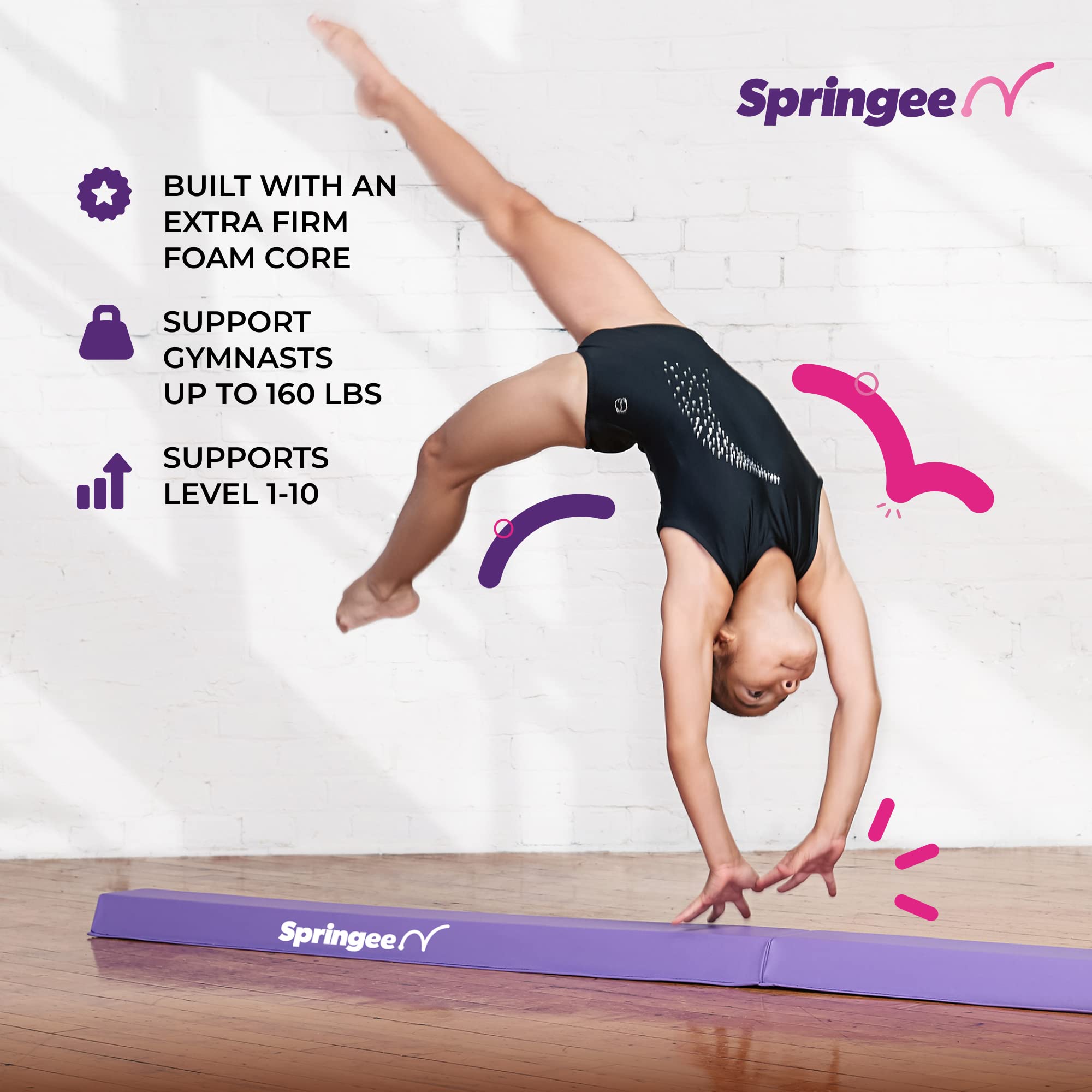 Springee 9ft Balance Beam - Extra Firm - Vinyl Folding Gymnastics Beam for Home (Purple)