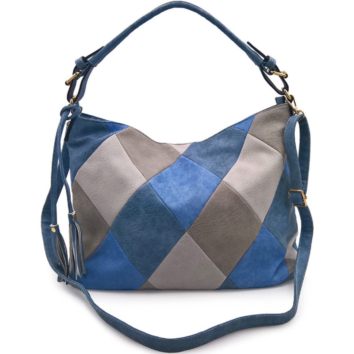 XingChen Hobo Bags for Women Patchwork Color Faux Leather Purses and Handbags Hobo Purse with Tassel(Blue)