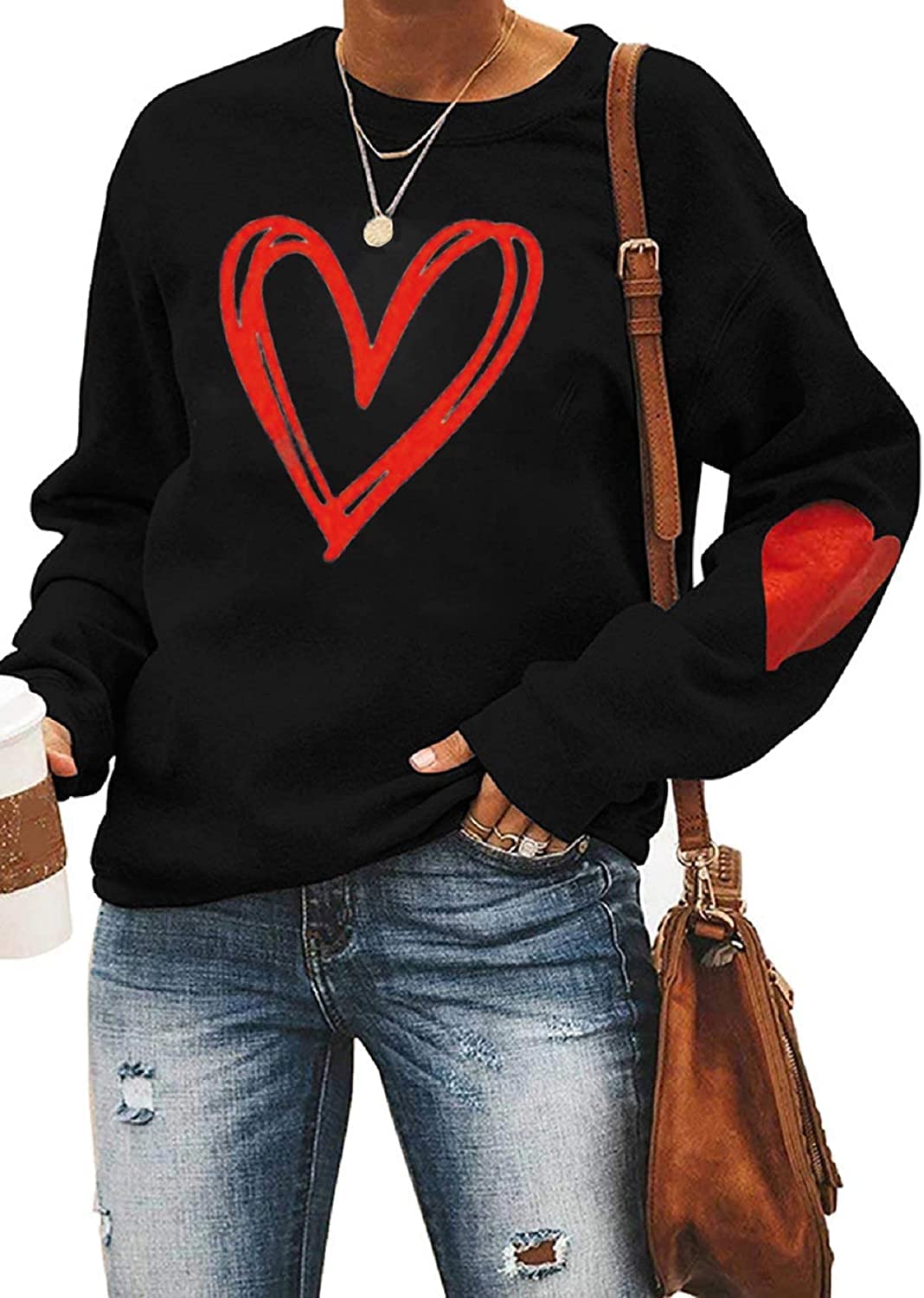 Ykomow Valentines Day Shirts Women Plaid Love Heart Valentines Day Sweatshirts Raglan Tops (L, Black)