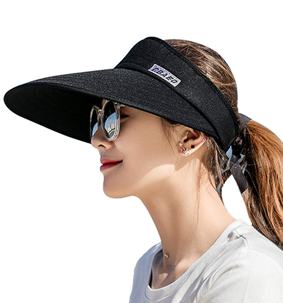 Sun Visor Hats for Women, Large Brim UV Protection Summer Beach Cap, 5.5''Wide Brim (Black)