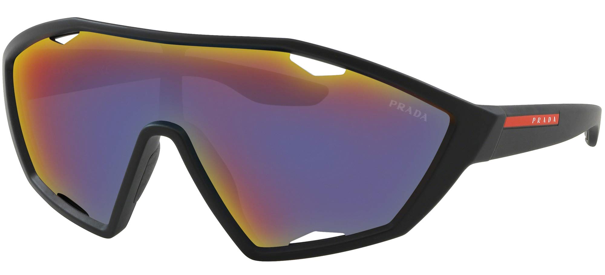 Prada Active PS 10US DG09Q1 Black Rubber Plastic Sport Sunglasses Blue Mirror Red Lens