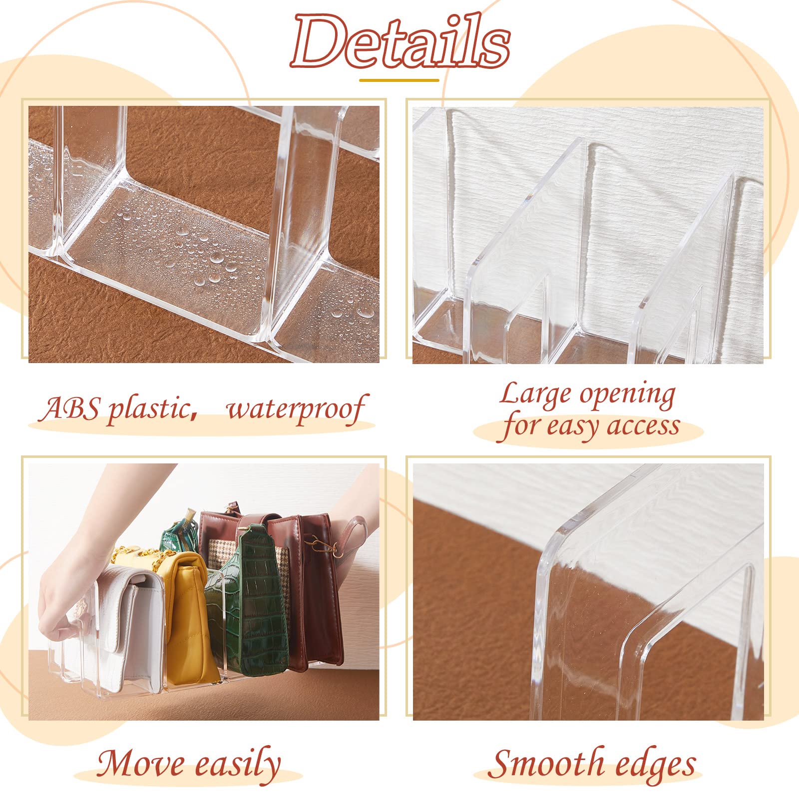 Taiyin Purse Handbag Organizer Clear Plastic Bag Organizer for Closet 13 x 6 x 5 Inches 4 Sections Shelf Divider Closet Organizers and Storage File Sorter Stand Holder Bookshelf(2 Pcs)