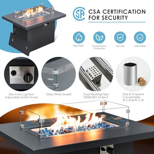 RADIATA 7 Piece High Back Aluminum Patio Furniture with Fire Pit Conversation Set with 43" Propane Fire Pit Table Outdoor Modern Luxury Sofa Set (Light Gray)