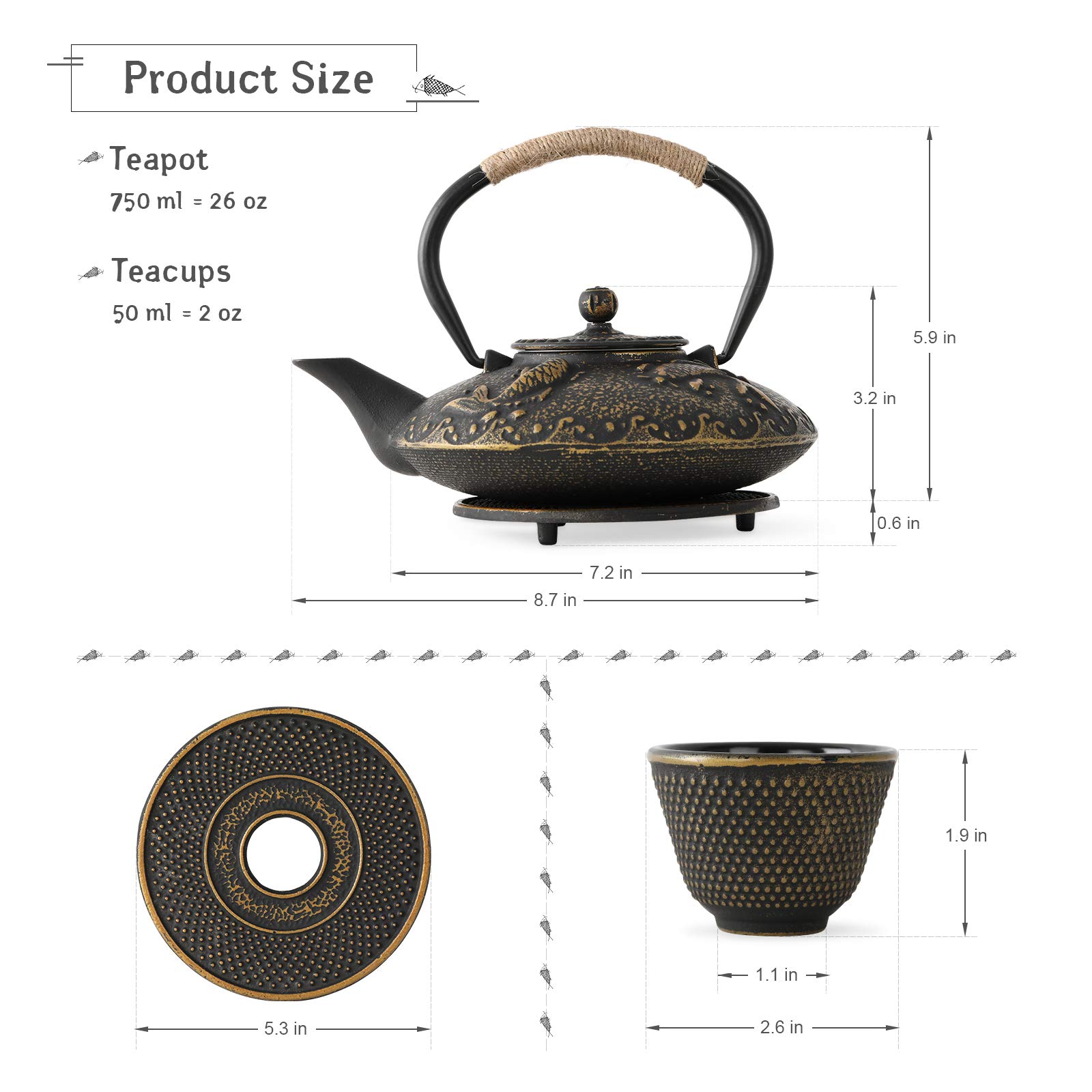 Ufine Koi Fish Cast Iron Teapot Set Stove Top Tea Kettle with 4 Cups Japanese Style Tetsubin Tea Gift Set, 26 oz with Stainless Steel Infuser