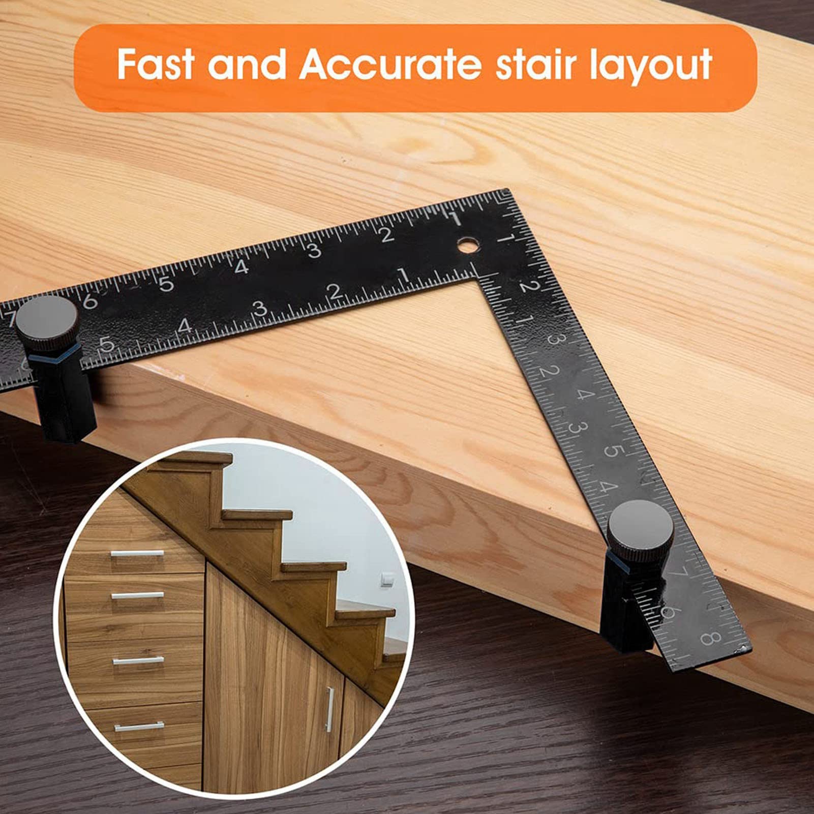 Tall Stair Gauge, Stair Guage Knobs Tool with Hex Flat Design, Thumb Screw, Stair Rafter Gauge Clamp, Metal Stringer Layout Tool for Woodworking Square Stair Auxiliary Clip(Black)