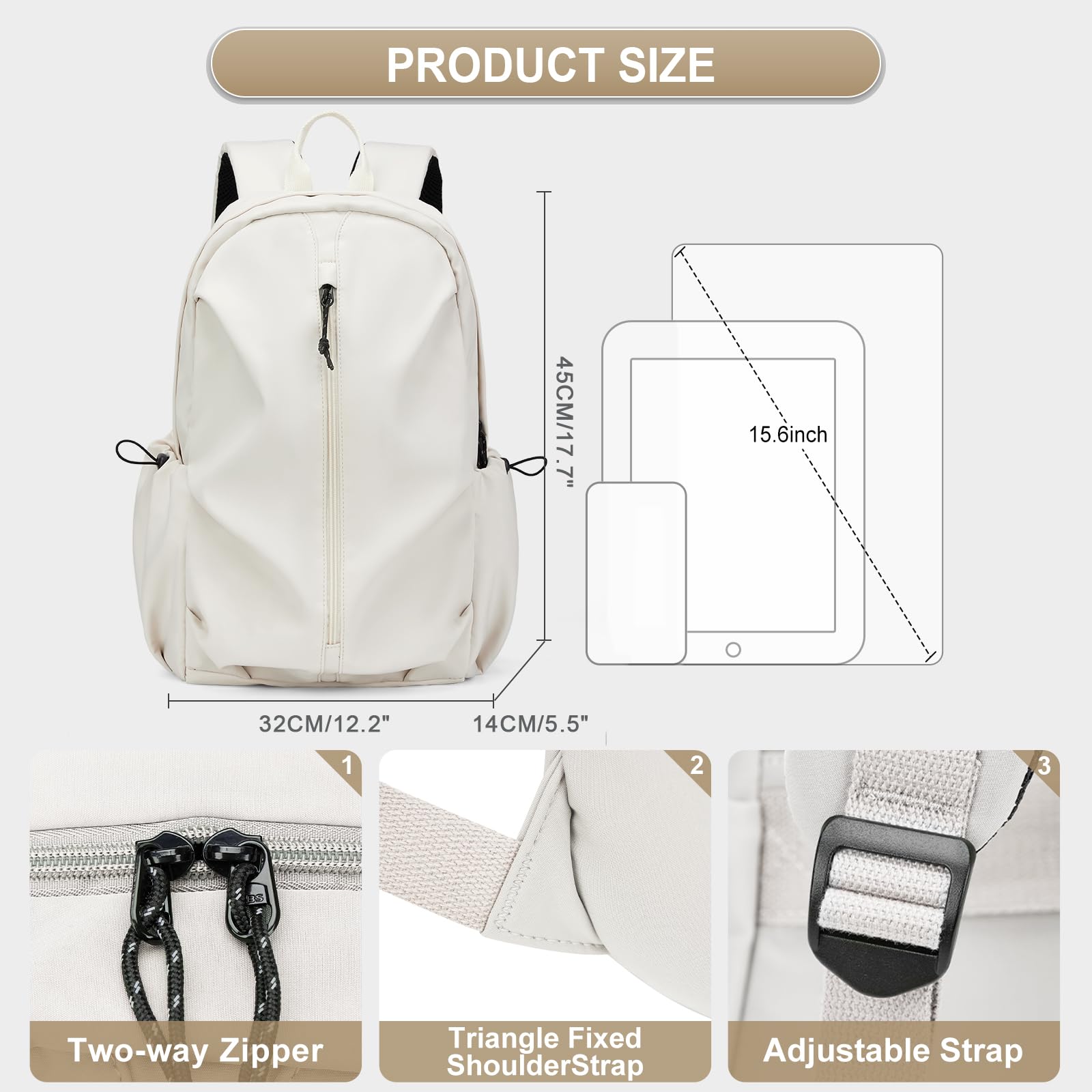WEPOET School Backpack For Teens Boys Girls Cute Bookbag High School Bag Waterproof Casual Daypack College Backpack For Women Men Student Travel Backpack(Beige)