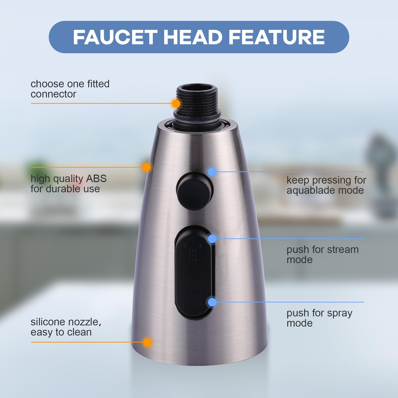 WOWOW Kitchen Faucet Head Replacement Brushed Nickel, 3 Function Pull Out Spray Nozzle with 9 Adapters for Kitchen Sink Faucet,American Standard for Moen Kohler Delta Faucets G1/2 Male Connector