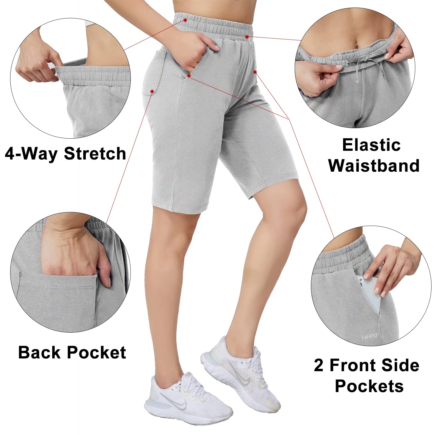 Women 10" Athletic Long Shorts High Waisted Running Workout Hiking Gym Cotton Short Pockets Light Grey XXL