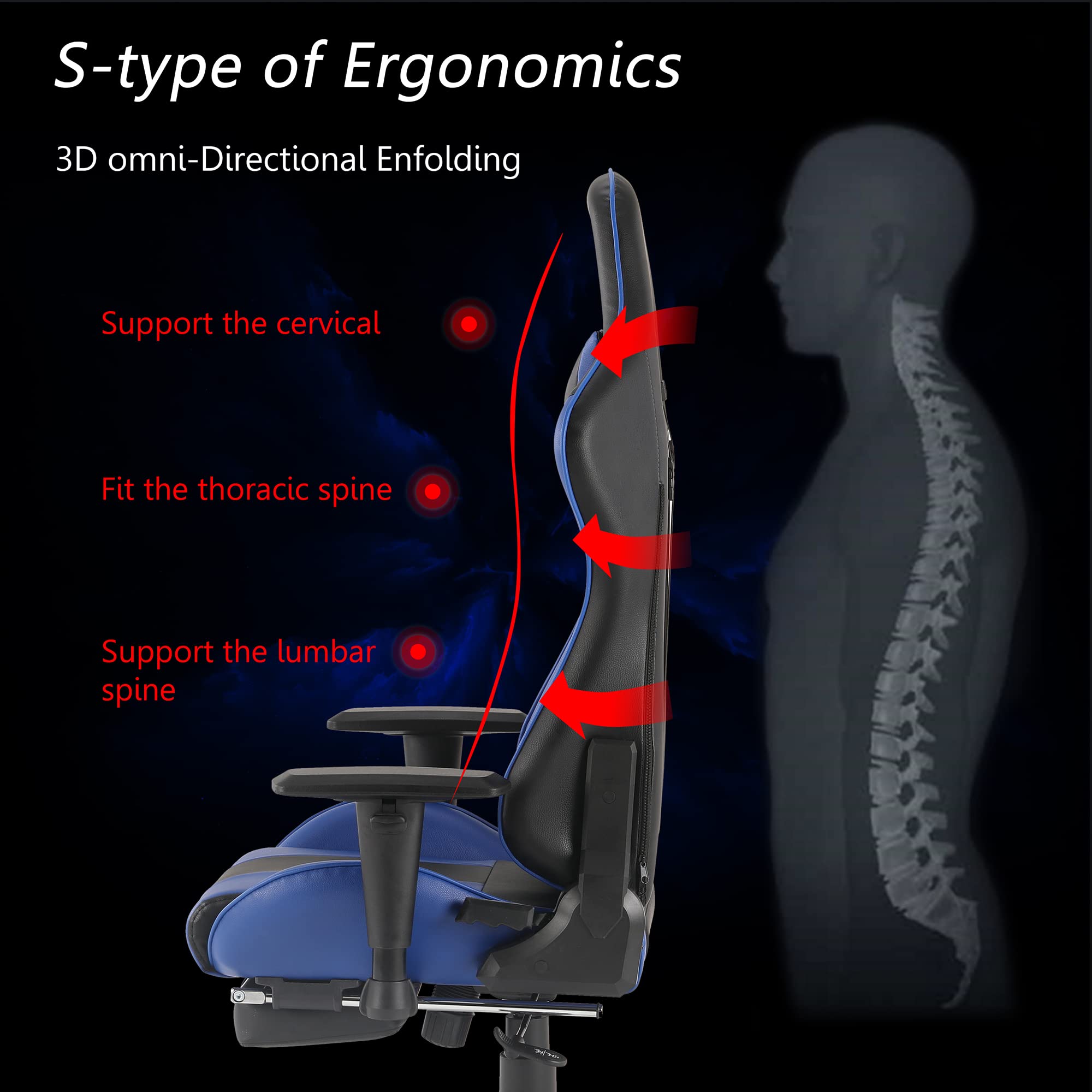 SMAX Gaming Chair with Footrest Racing Office Computer Ergonomic Video Game Chairs PU Leather Headrest and Massager Lumbar Support Adjustable Rolling Swivel Gamer Chair Black and Blue