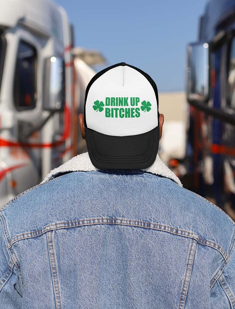 St Patricks Day Hat Funny Saint Pattys Day Hat Irish Clover Trucker Cap One Size Black/White